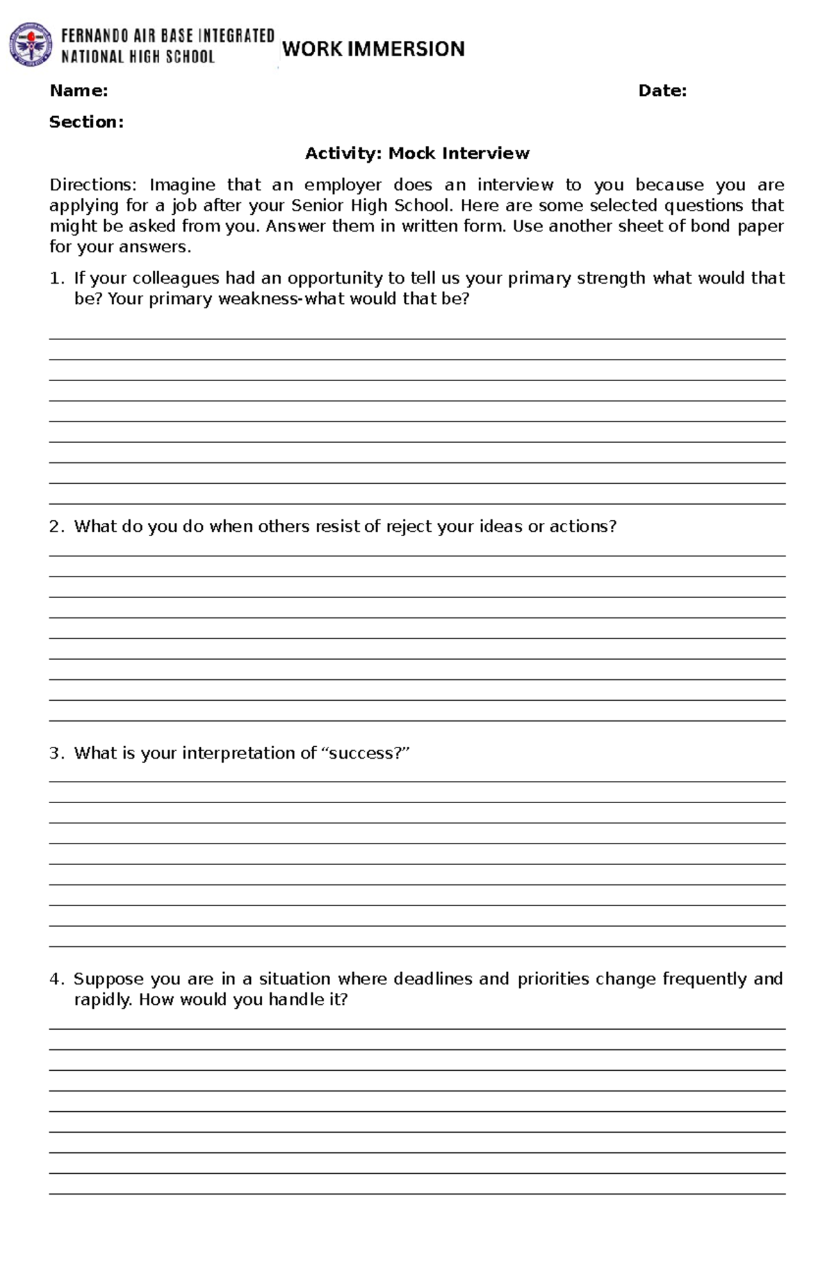 Activity Mock Interview - Name: Date: Section: Activity: Mock Interview ...