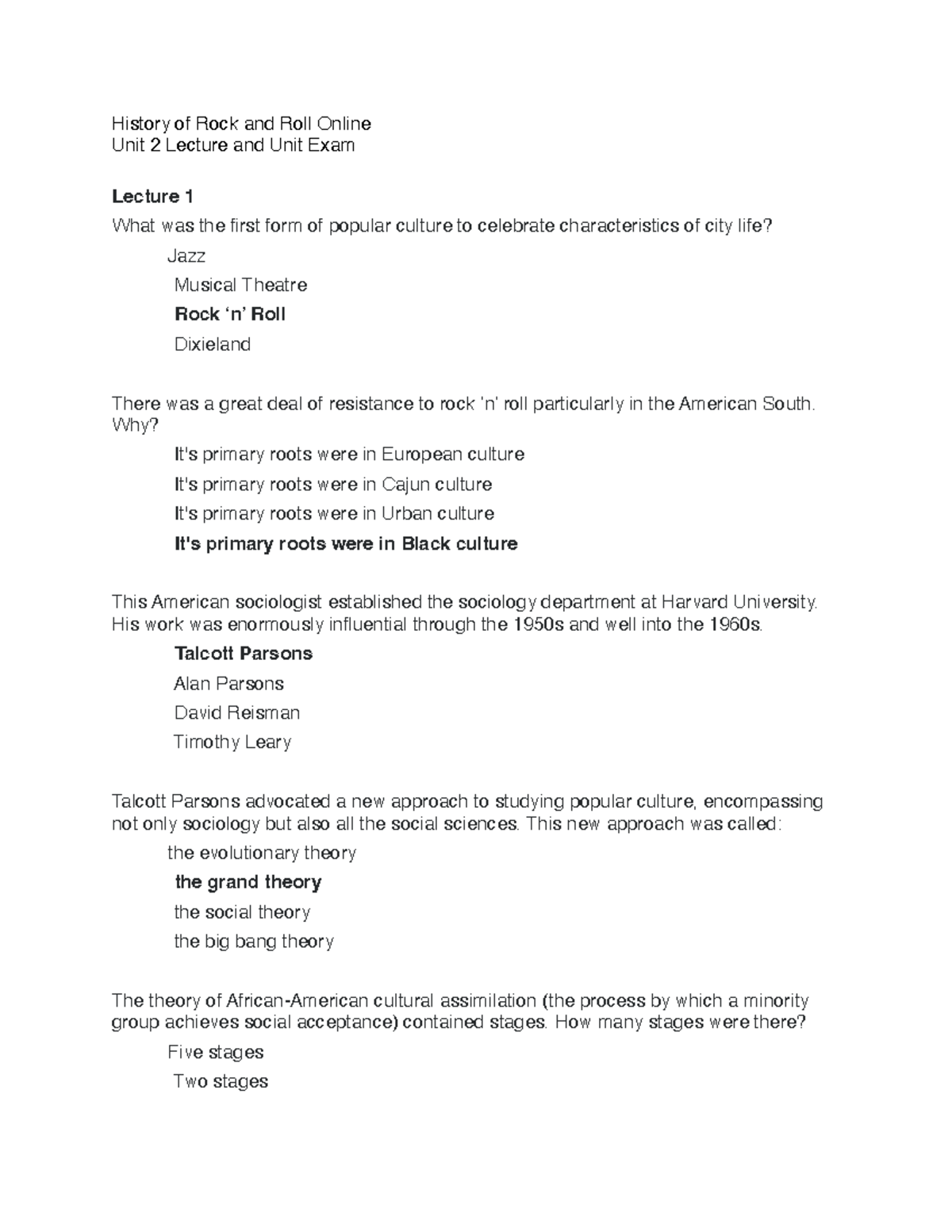 HIST 101: Unit 2 Lecture & Exam on Rock and Roll History - Studocu