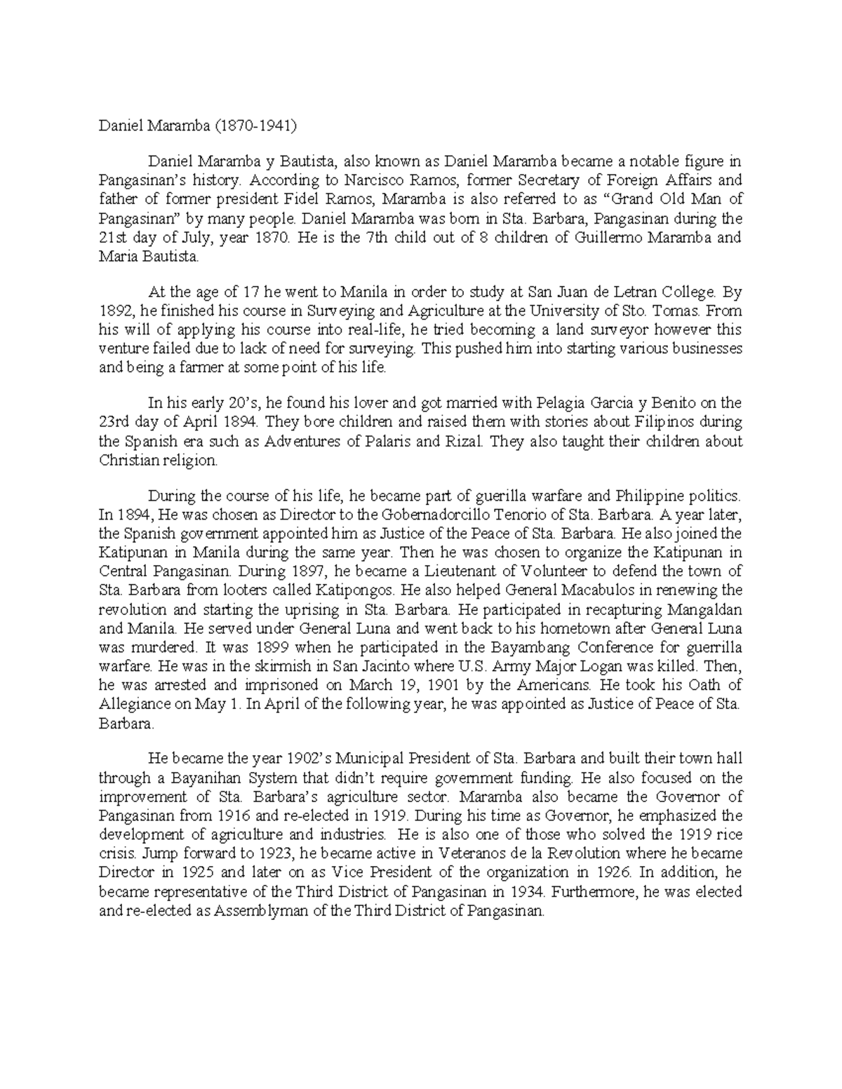Daniel Maramba: Life and Legacy (1870-1941) - Pangasinan Leader - Studocu