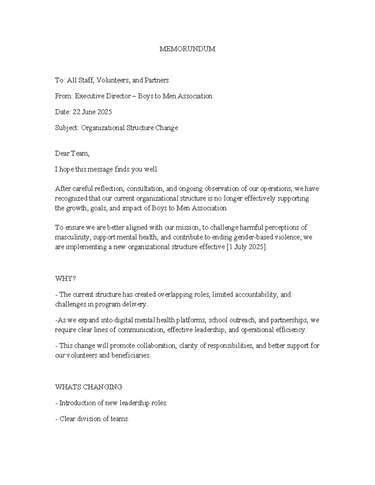 Boys to Men Memo: Organizational Structure Change Update - Studocu