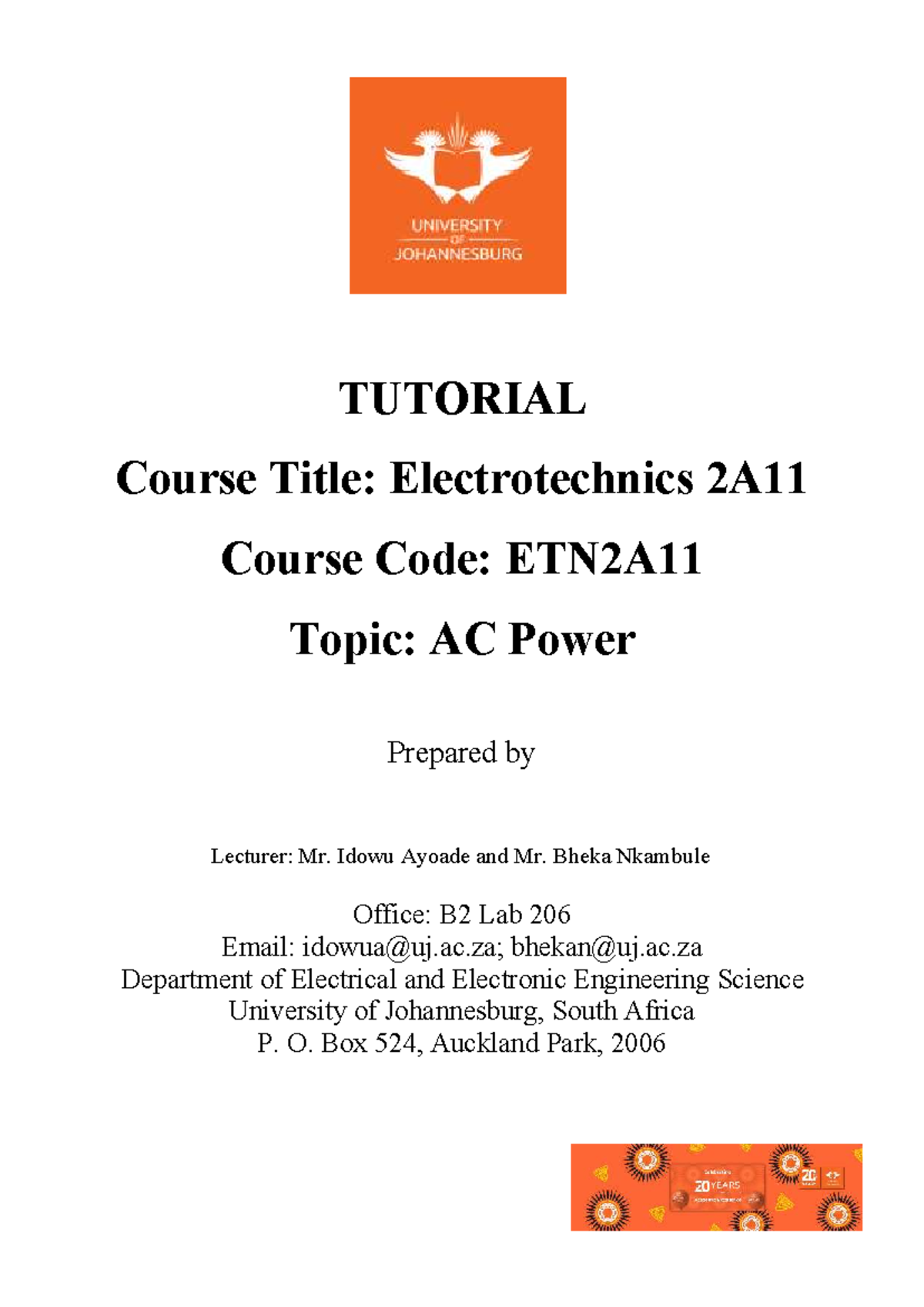 Tutorial AC Power - TUTORIAL Course Title: Electrotechnics 2A Course ...