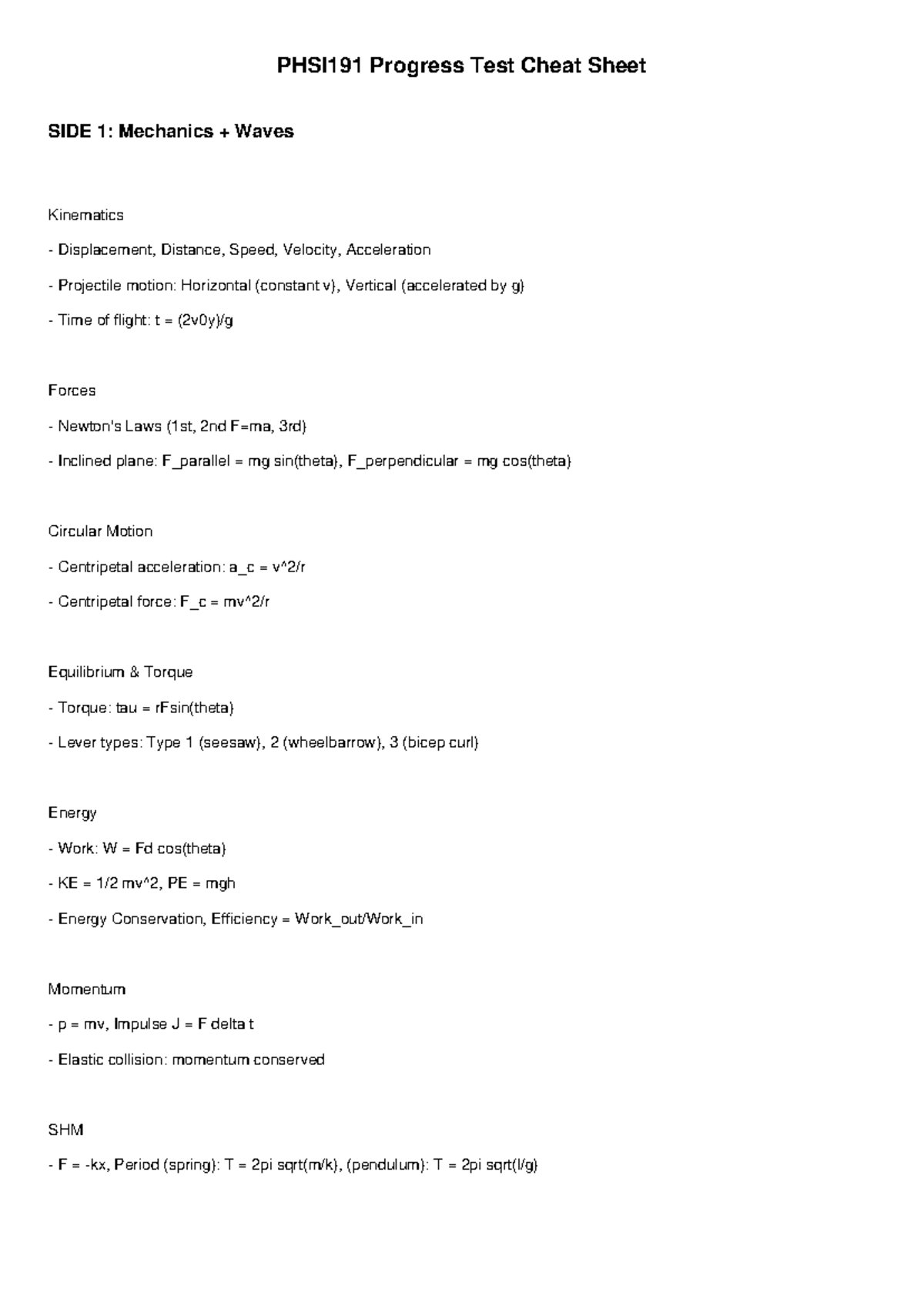 PHSI191 Progress Test Cheat Sheet: Mechanics & Waves Overview - Studocu