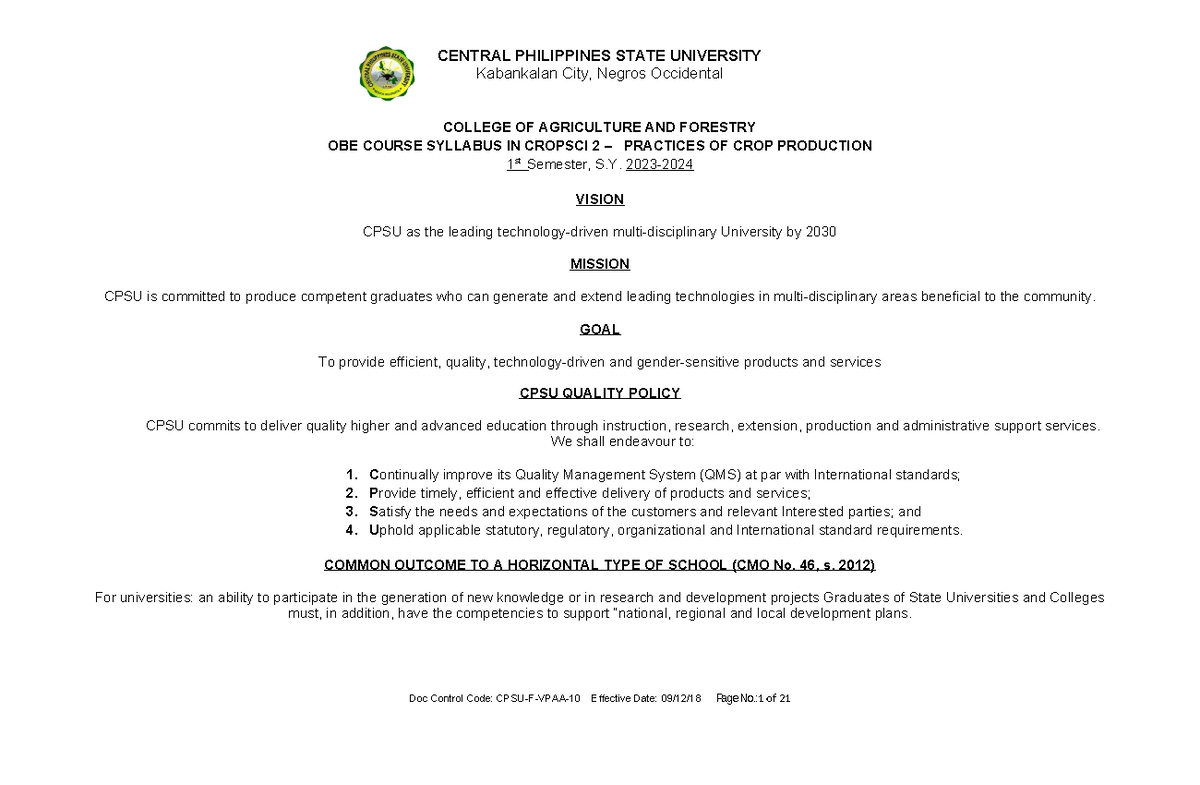 CROP SCI 2 Syllabus 2023-2024: Practices of Crop Production Overview ...