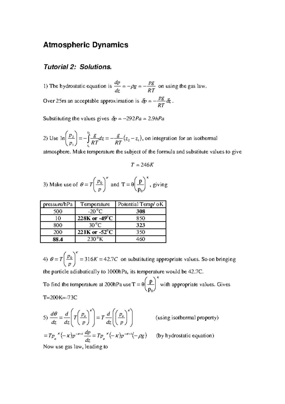 Tutorial 02 Solutions - Chapter 02 - Atmospheric Dynamics Tutorial 2 ...