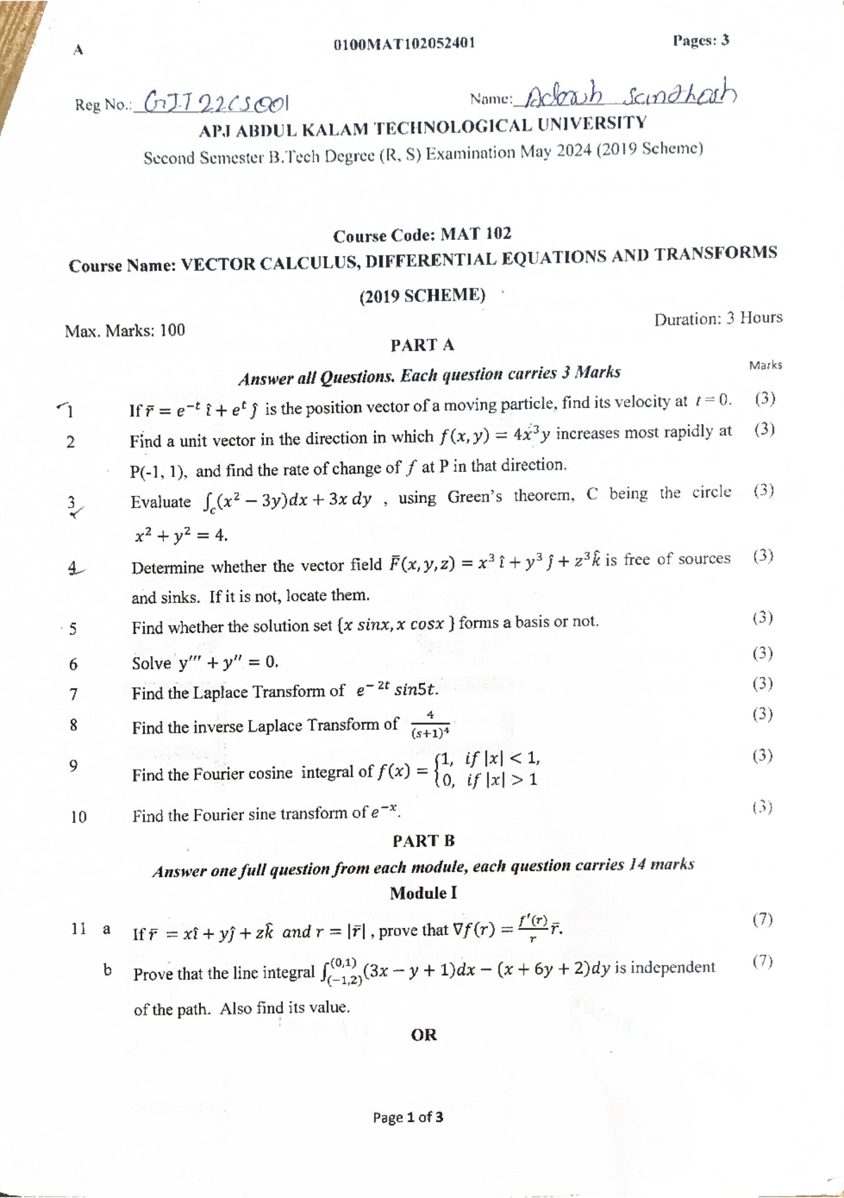 MAT 102 Vector Calculus & Differential Equations - Exam May 2024 - Studocu