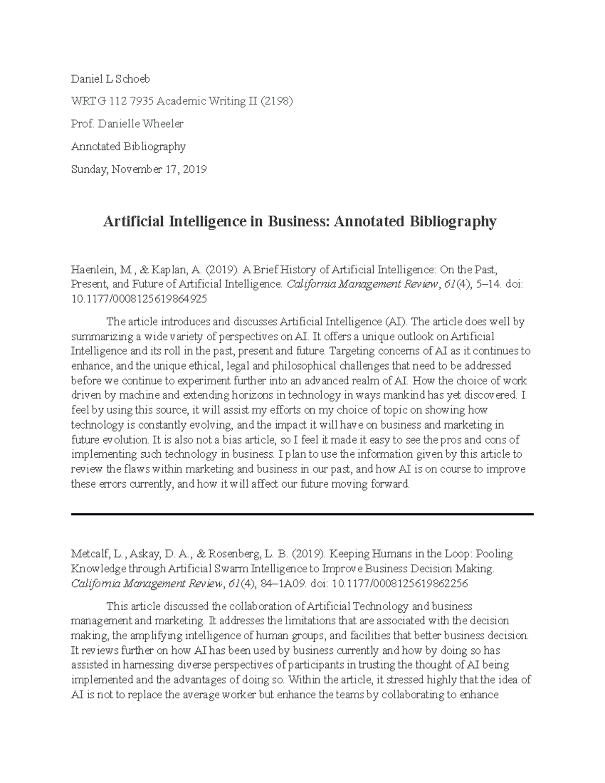 Annotated Bibliography on AI in Business - WRTG 112 7935 - Studocu