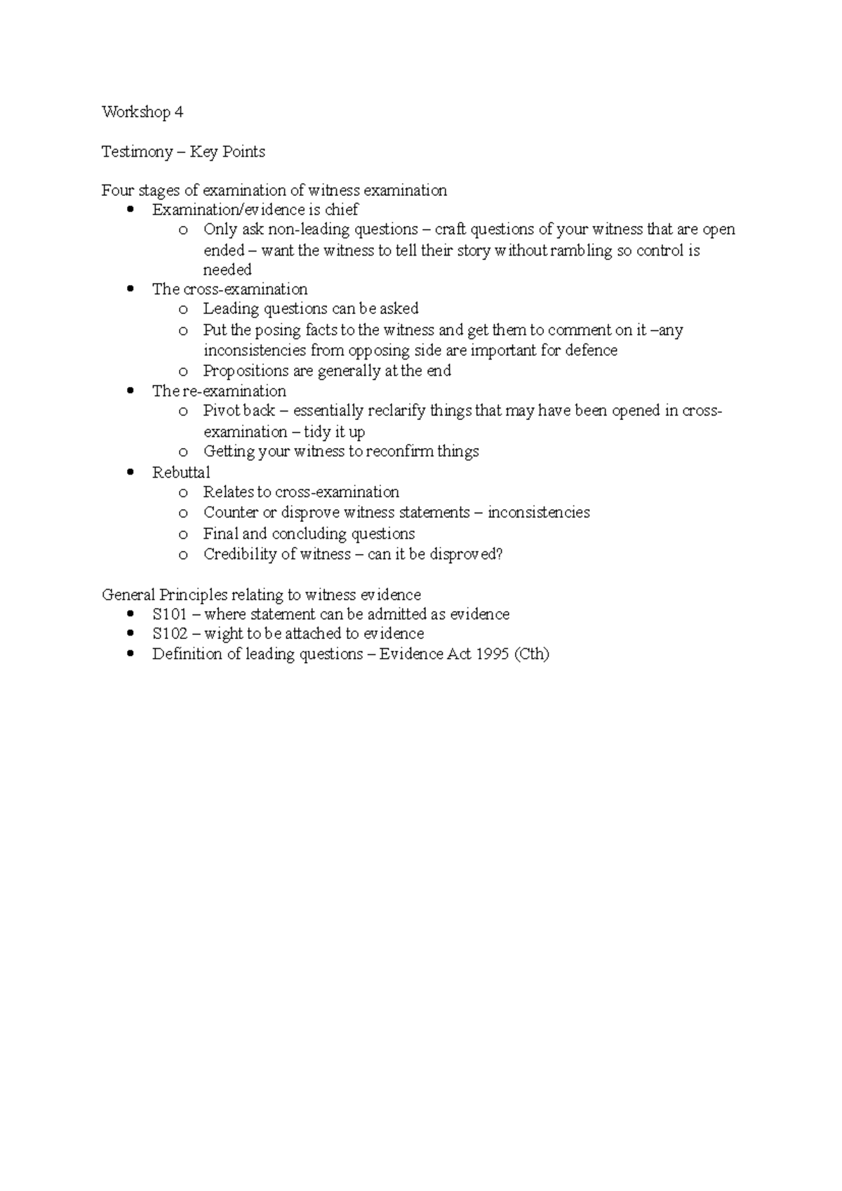 Workshop 4: Key Points on Witness Examination Techniques - Studocu
