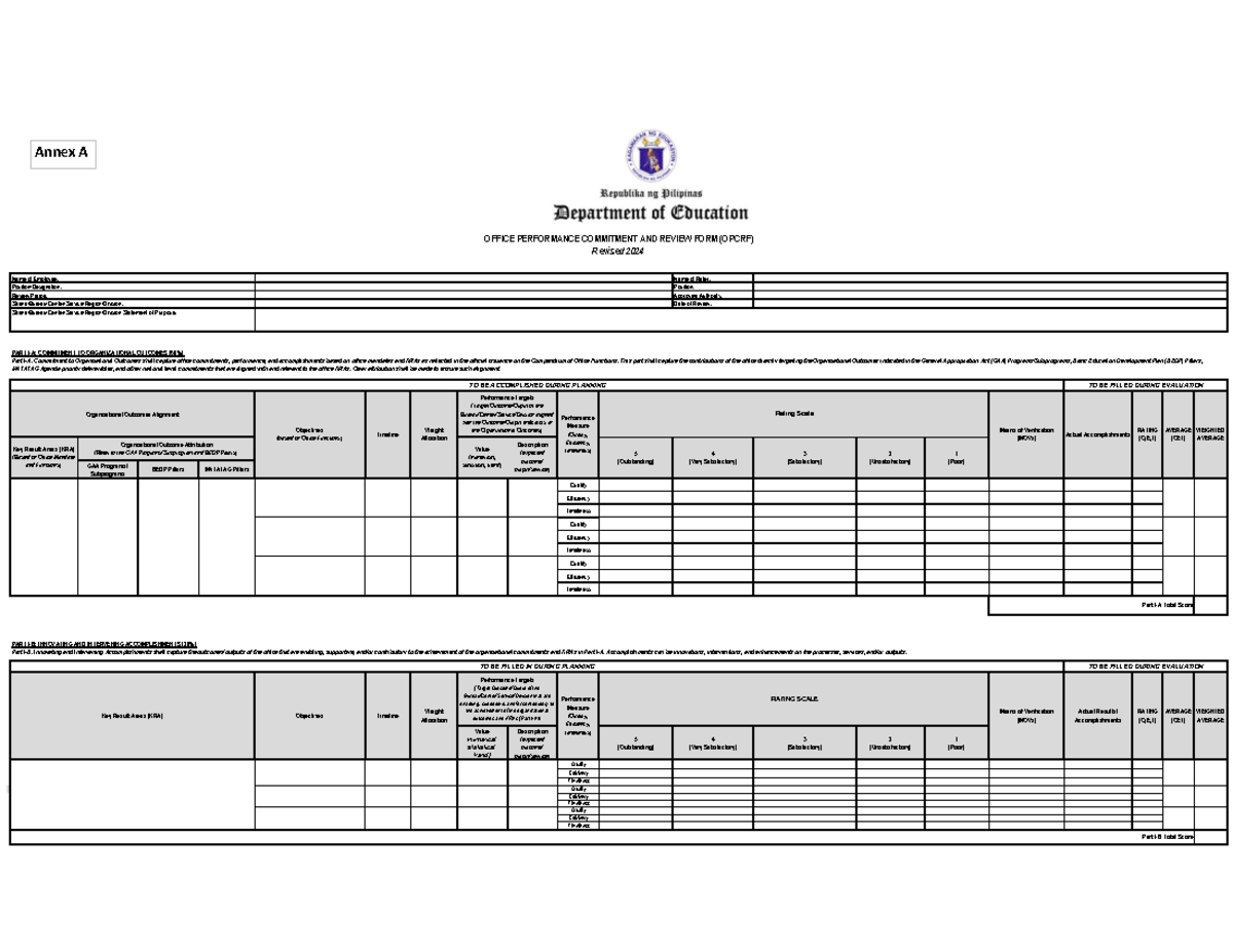 Annex A: OPCRF 2024 Template for Performance Review and Commitment ...