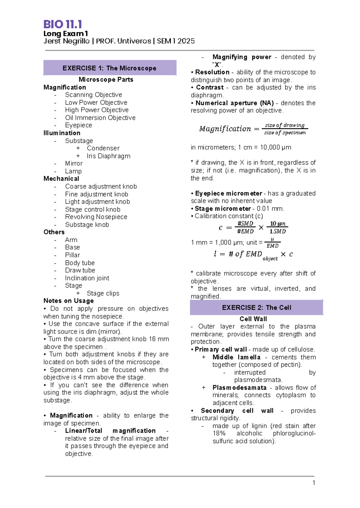 BIO 11.1 Long Exam: Microscope & Cell Structure Overview - Studocu