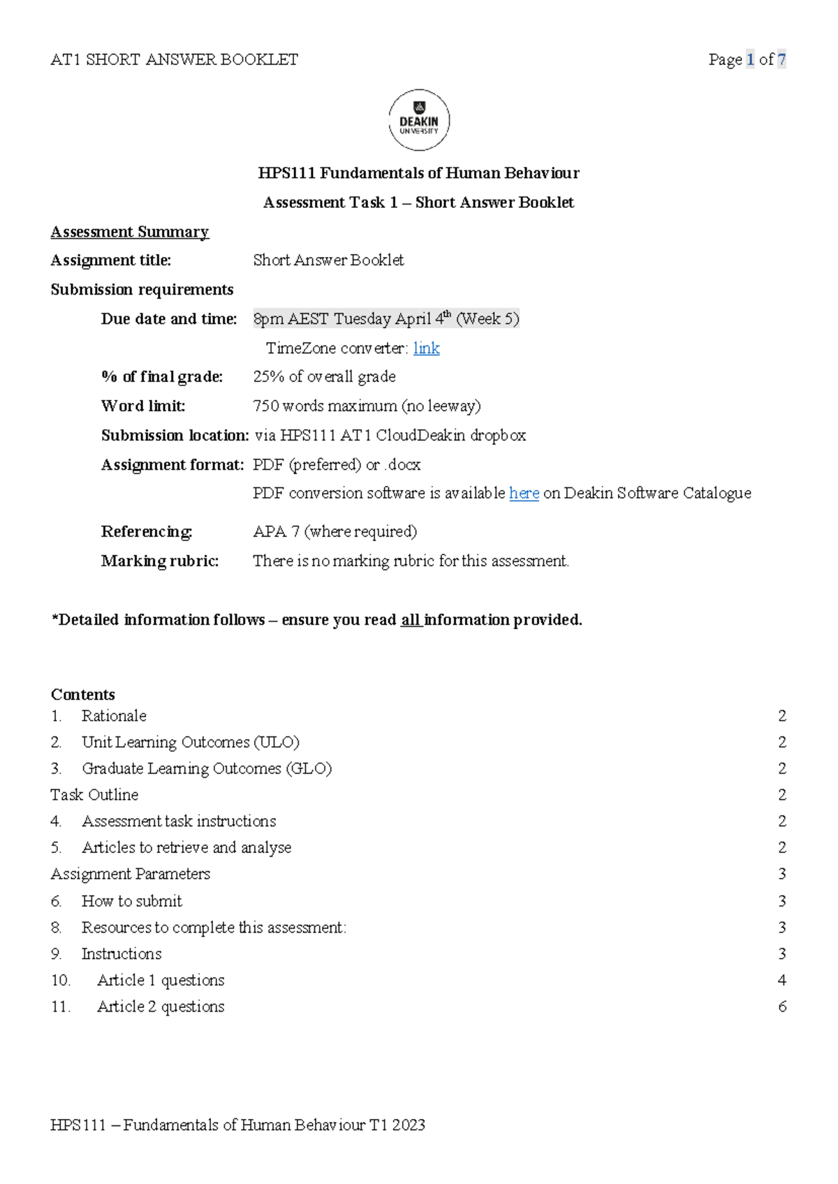 HPS111 AT1 Short Answer Assessment - T1 2023 Guide - Studocu