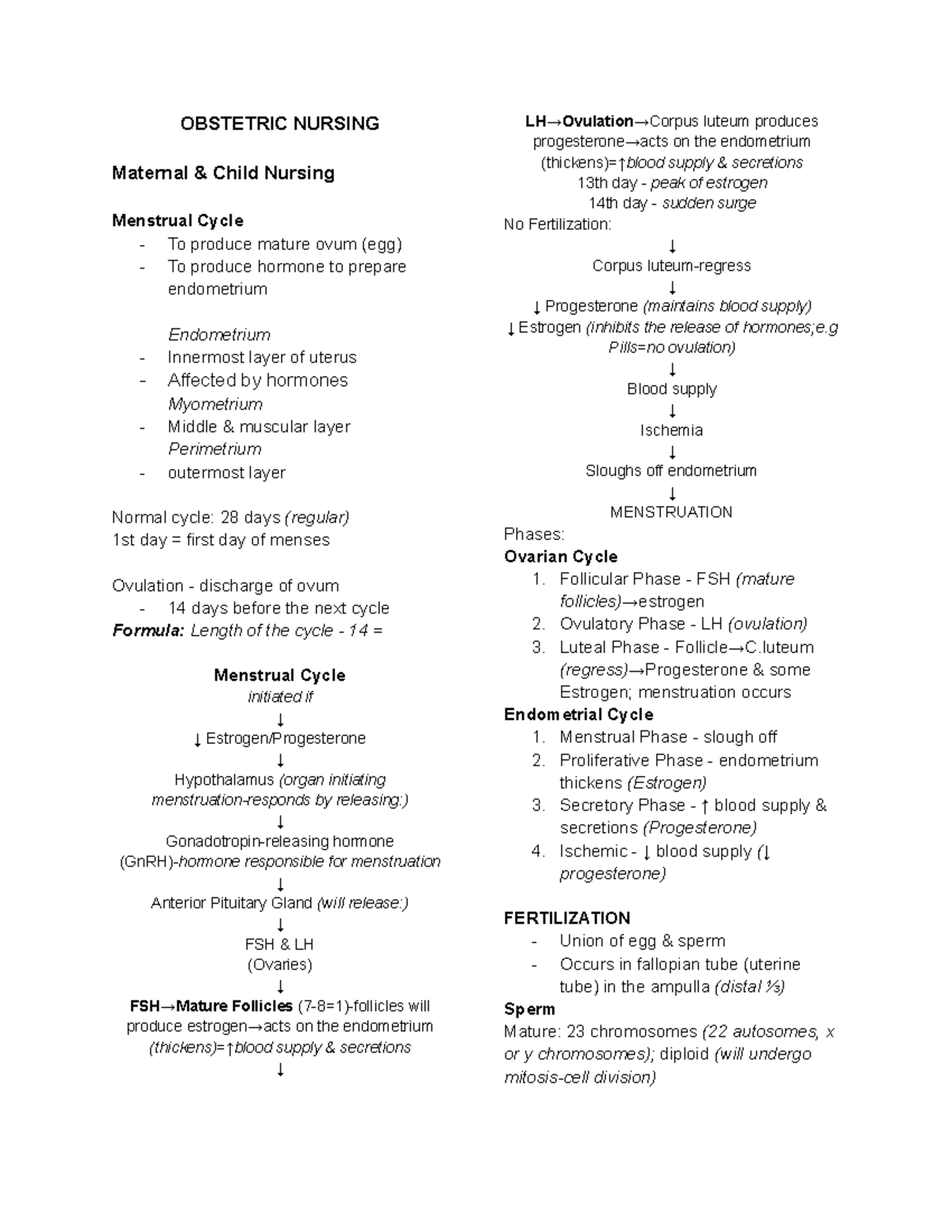 OB 101 - Maternal & Child Nursing Key Concepts and Notes - Studocu