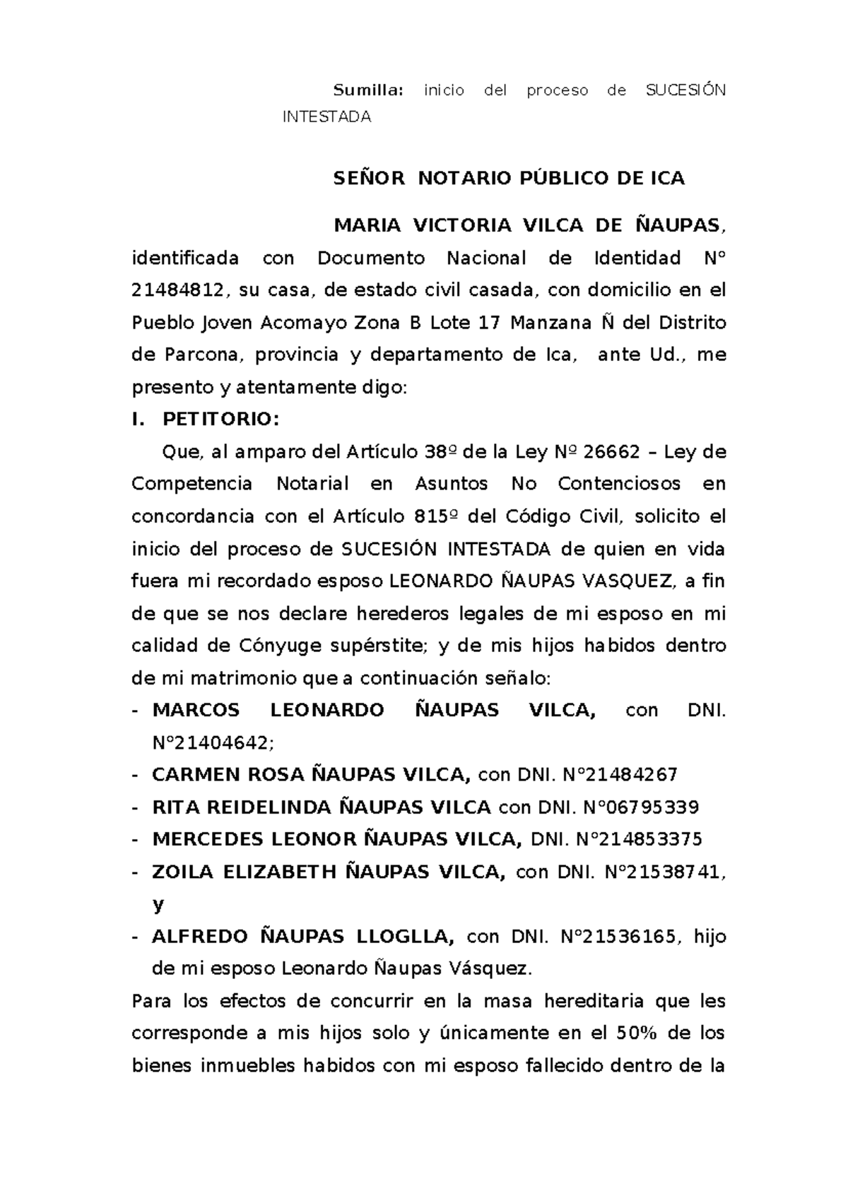 Solicitud de Sucesión Intestada - María Victoria Vilca de Ñaupas - Studocu