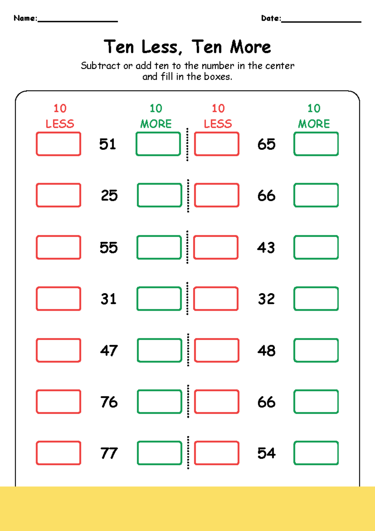 Ten Less, Ten More - 1st Grade Worksheet - Name: Date: Ten Less, Ten ...