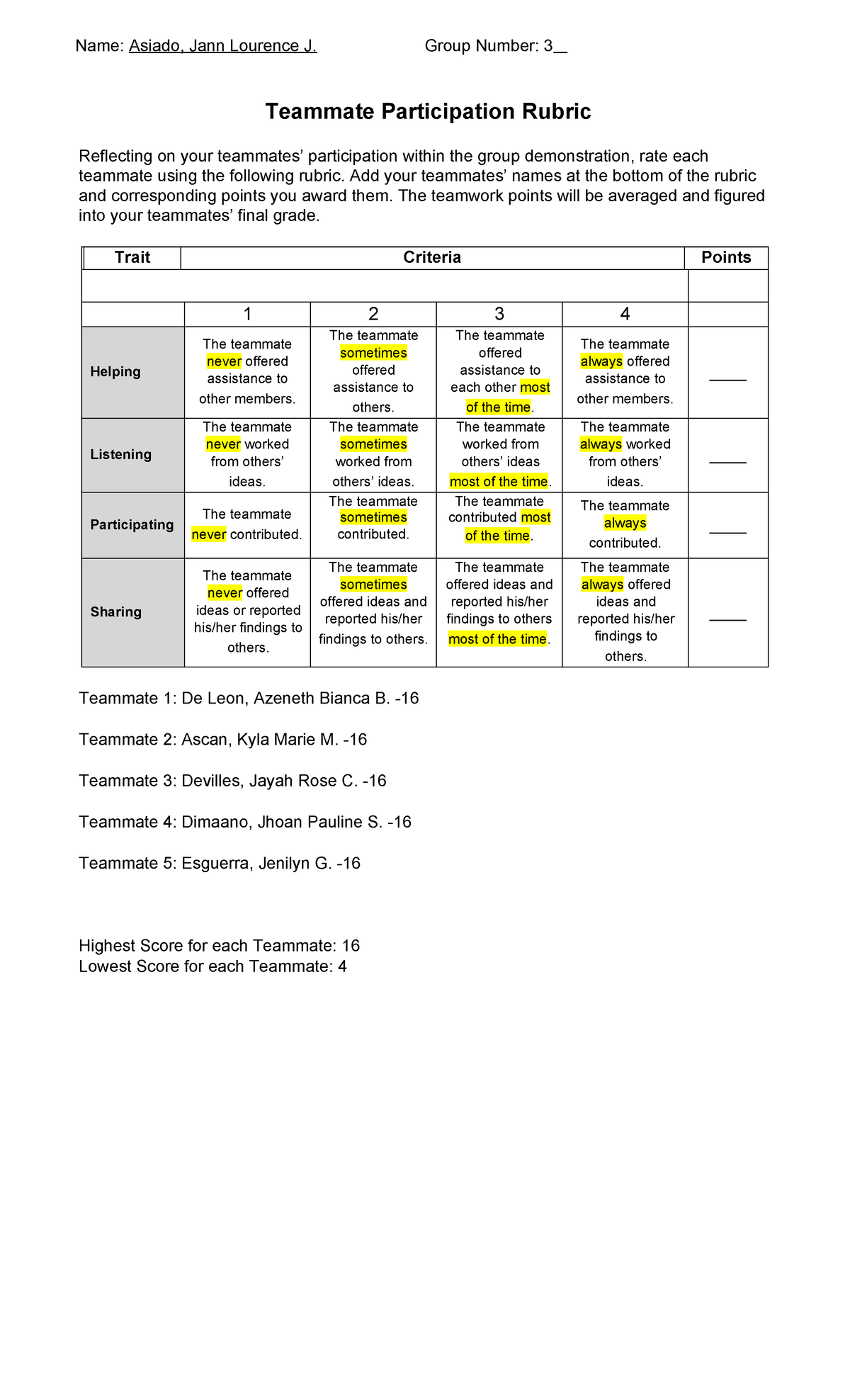 Teammate Participation Rubric - Group 3 Evaluation by Jann Lourence ...