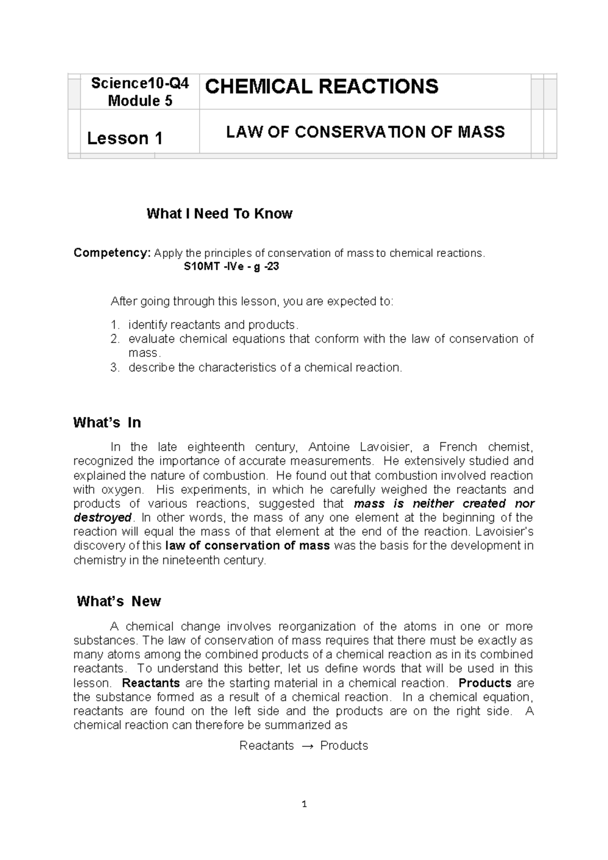 Sci10 Q4 Wk5 Module 5 - Chemical Reactions & Conservation of Mass Notes ...