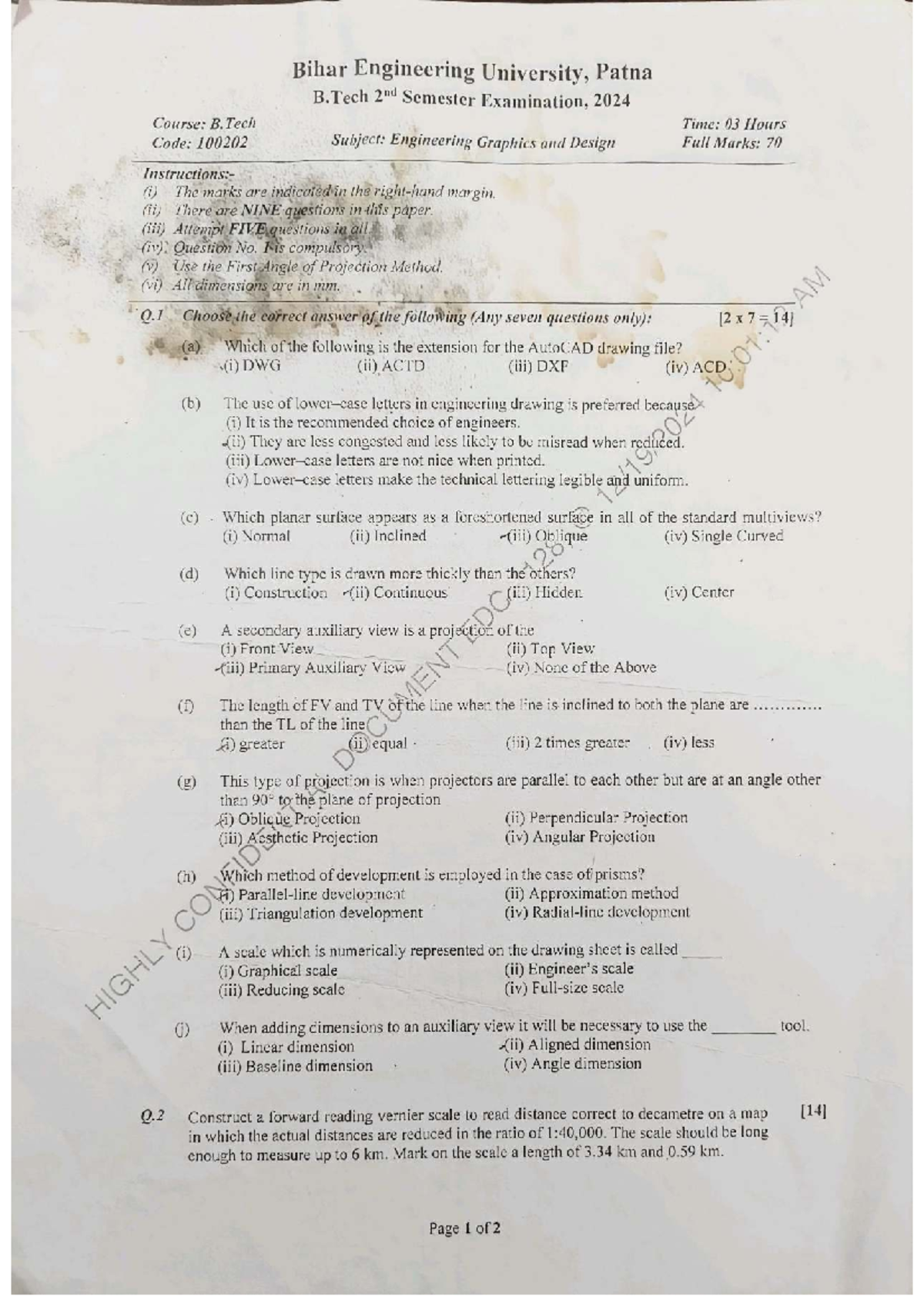 Bihar Engineering University, Patna B. Tech 2ⁿᵈ Sem EGD Exam Paper 2024 ...