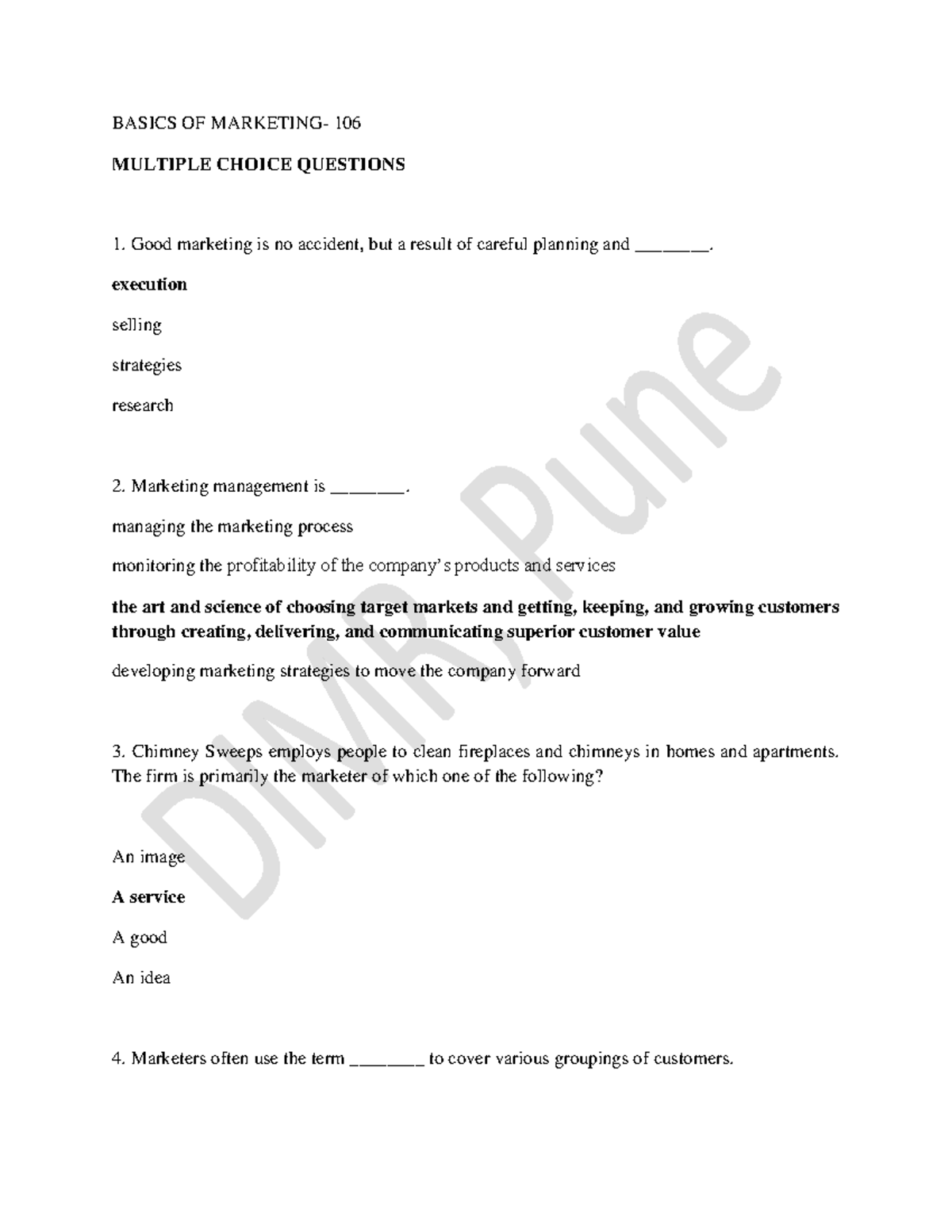 MCQ FOR BASICS OF MARKETING (106) - Comprehensive Study Guide - Studocu