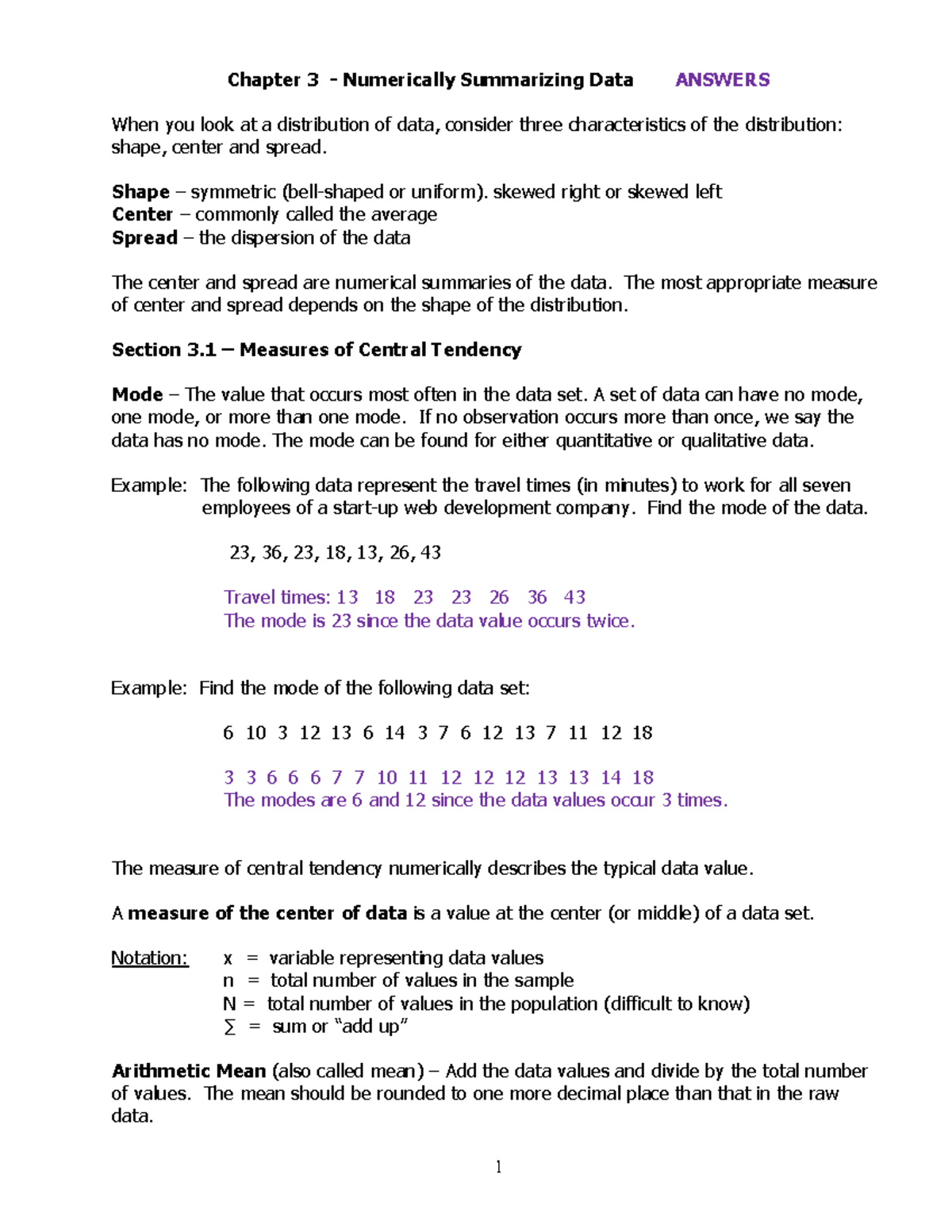 Chapter 3.1 and 3.2 Answers - Chapter 3 - Numerically Summarizing Data ANSWERS When you look at ...