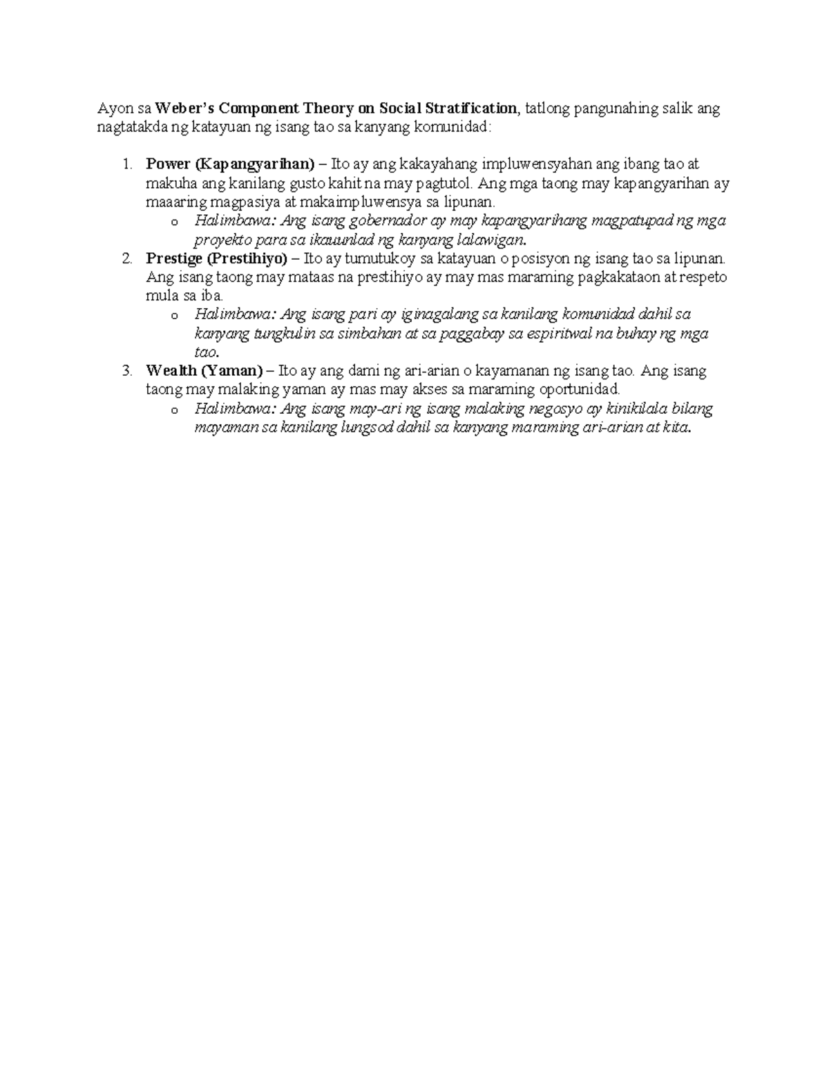 Ayon sa Component Theory ng Social Stratification: Pagsusuri - Studocu