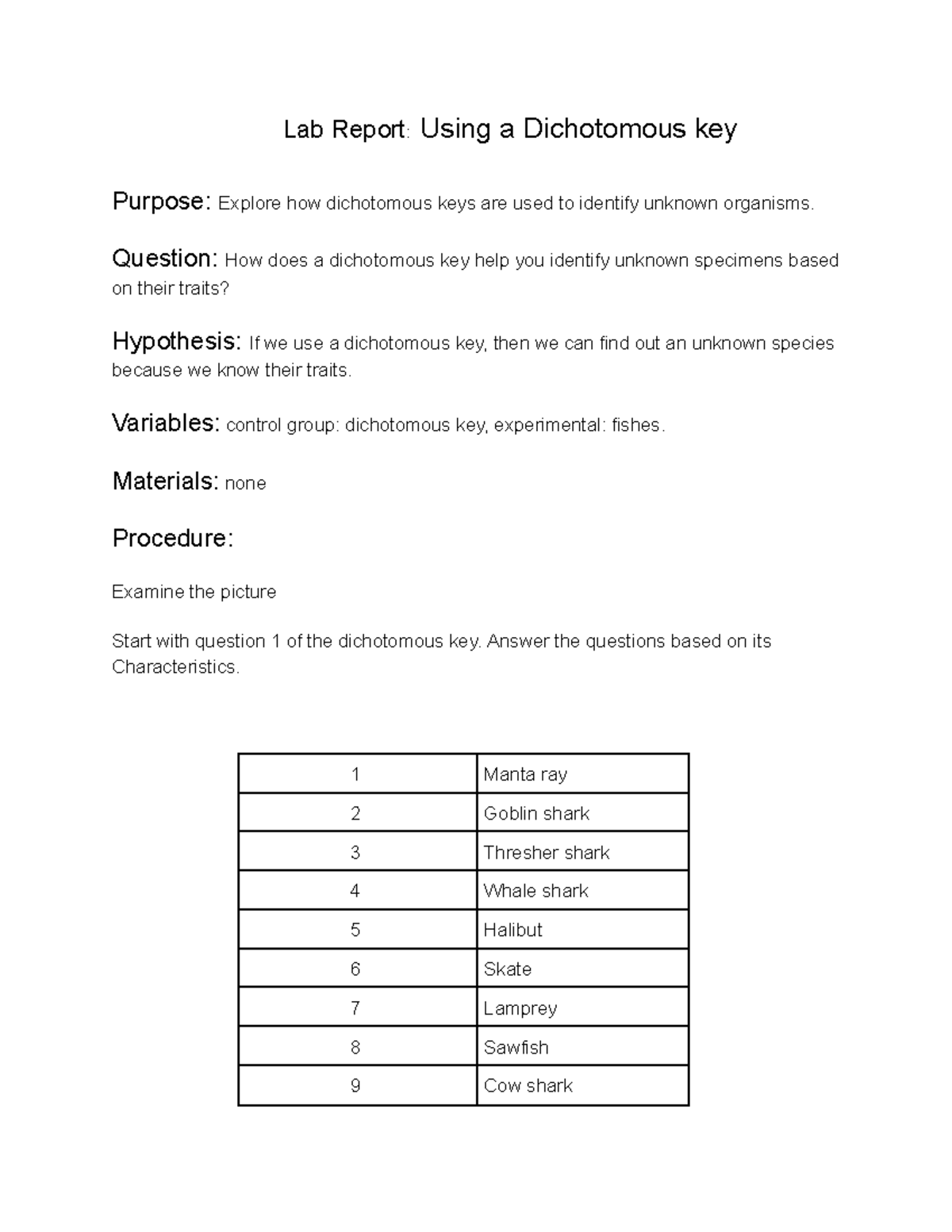 Lab Report: Identifying Organisms with a Dichotomous Key - Studocu