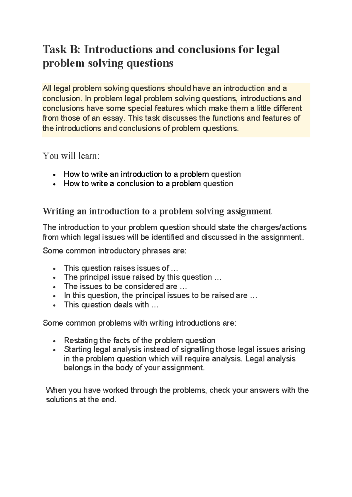 Task B: Writing Introductions and Conclusions for Legal Problem Solving ...