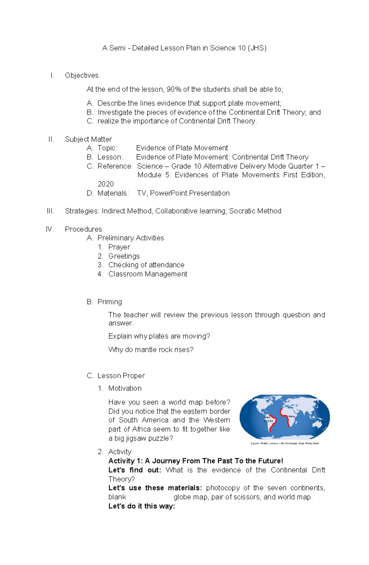 Semi-Detailed Lesson Plan on Continental Drift Theory (Science 10 ...