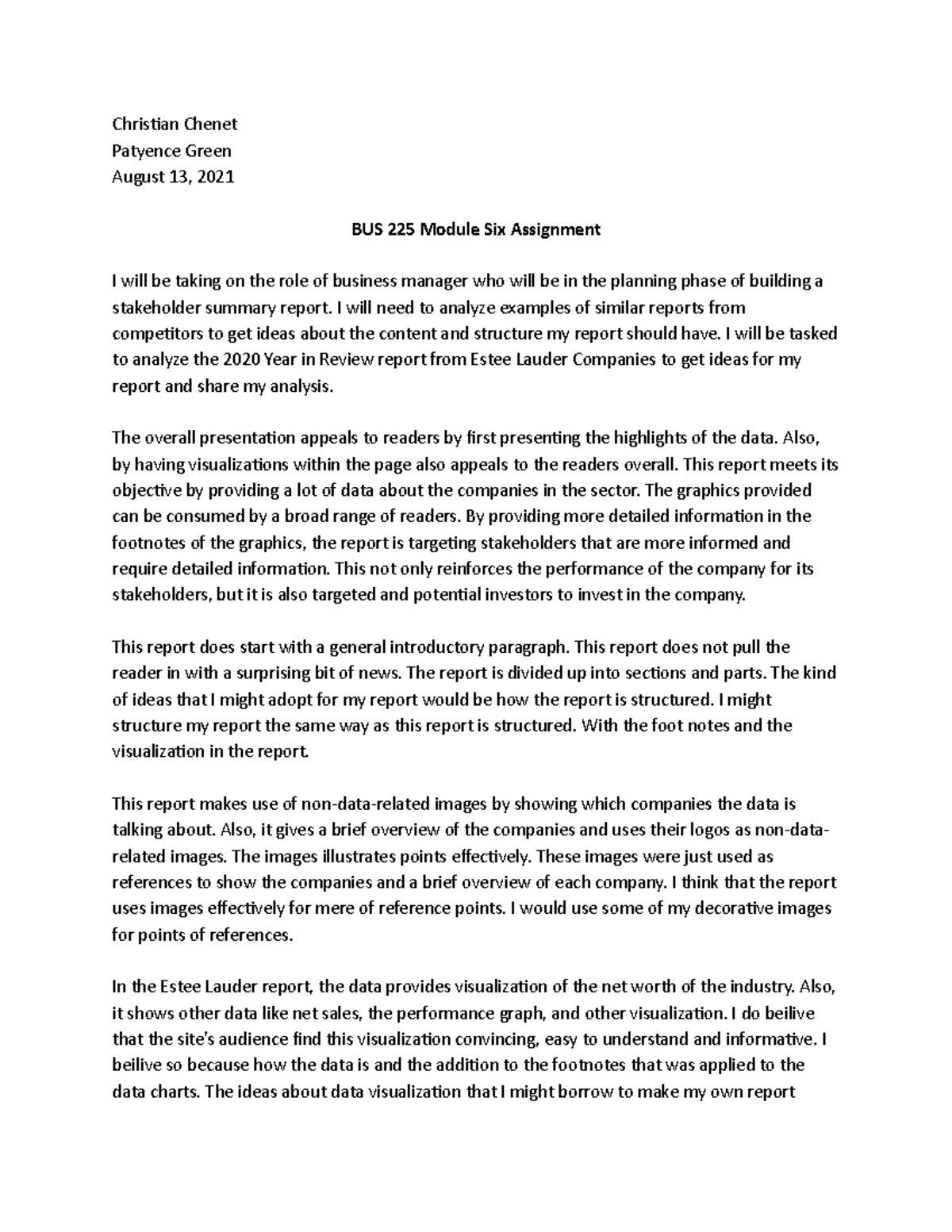BUS225 Module Six Assignment for module 6 - Christian Chenet Patyence ...
