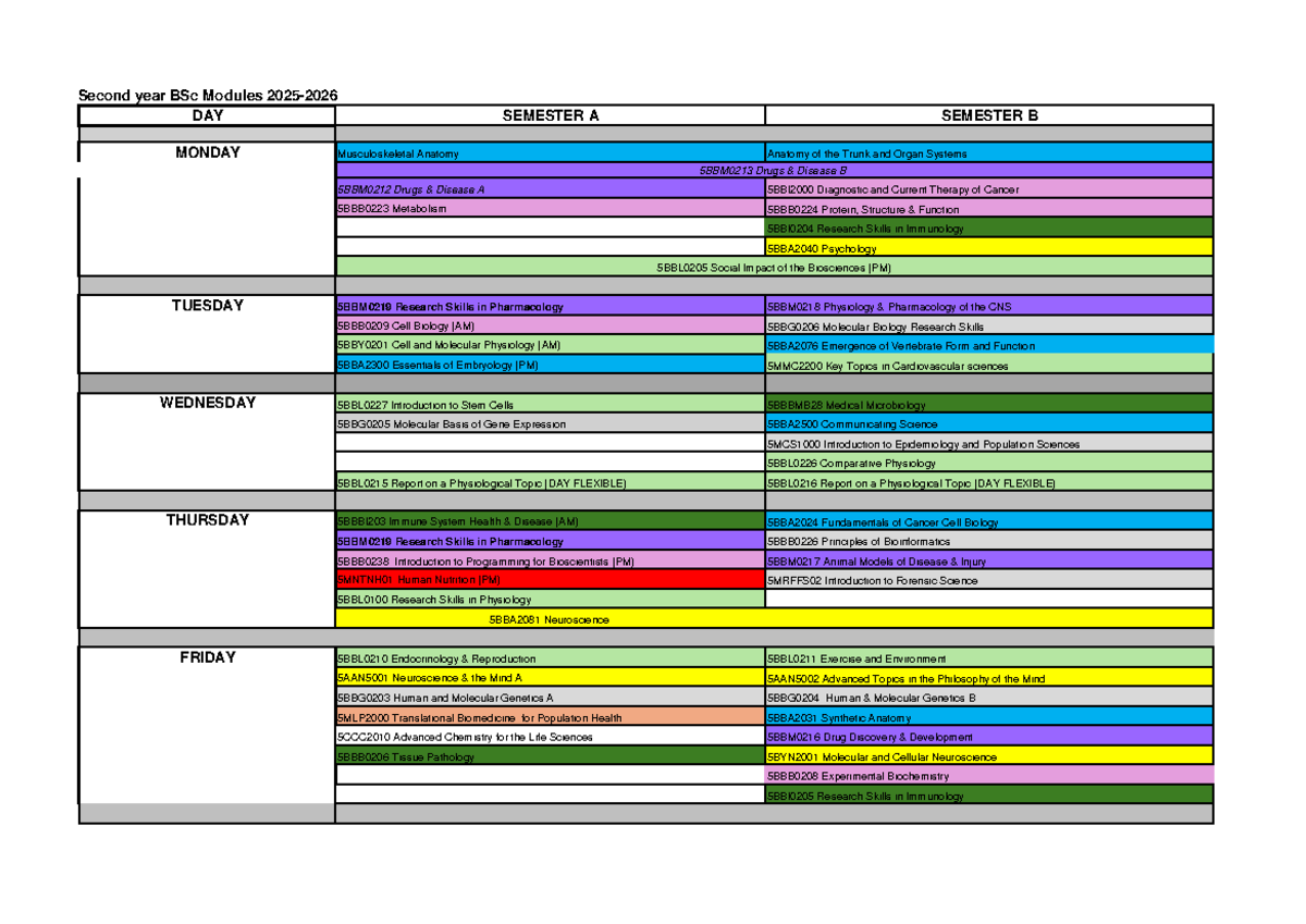 Year 2 BSc Timetable 2025-2026: Modules Overview - Studocu