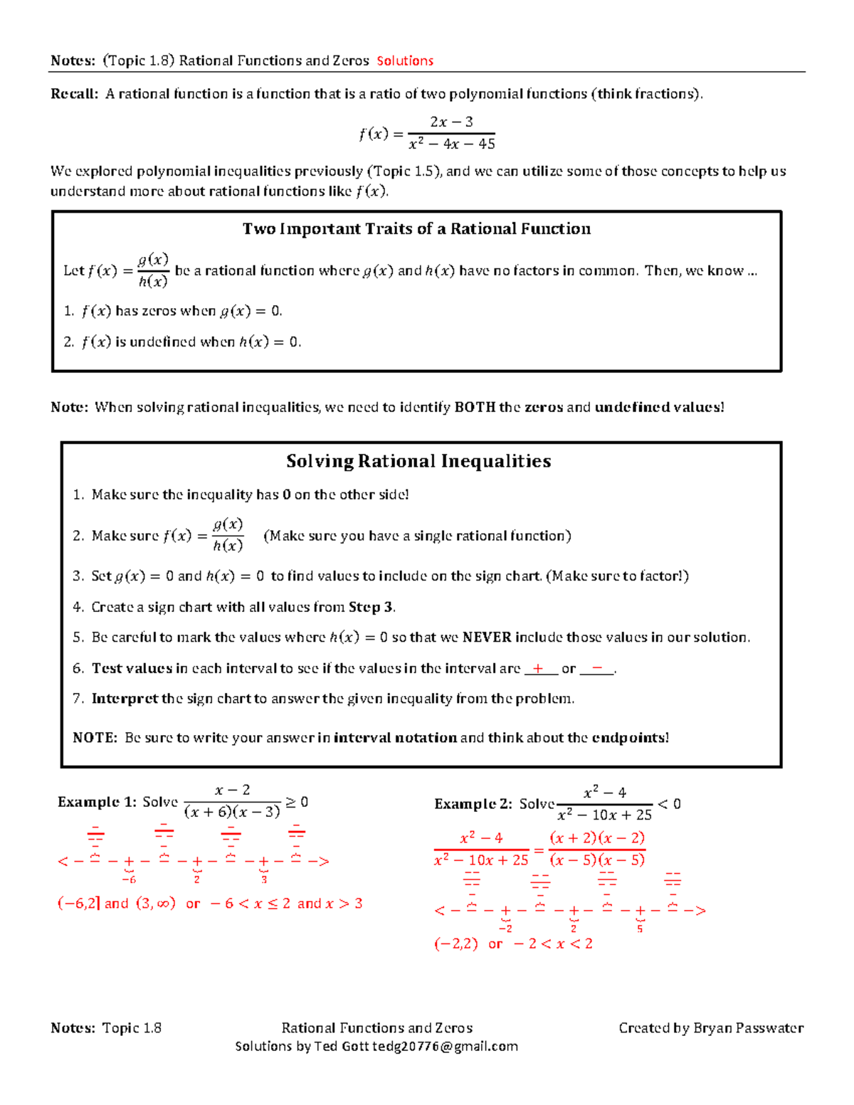Notes on Topic 1.8: Rational Functions & Zeros (Math 101 Study Guide ...