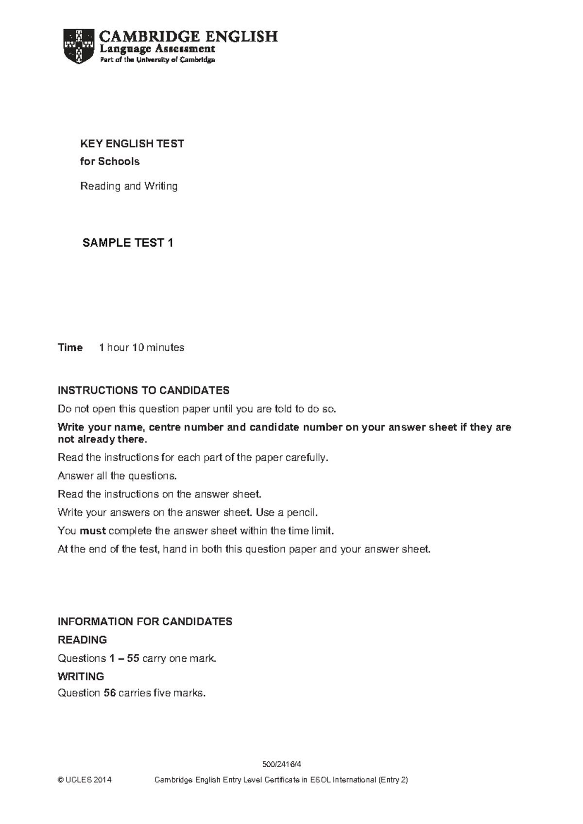 KET for Schools Reading & Writing Sample Test 1 (1h 10m) - Studocu