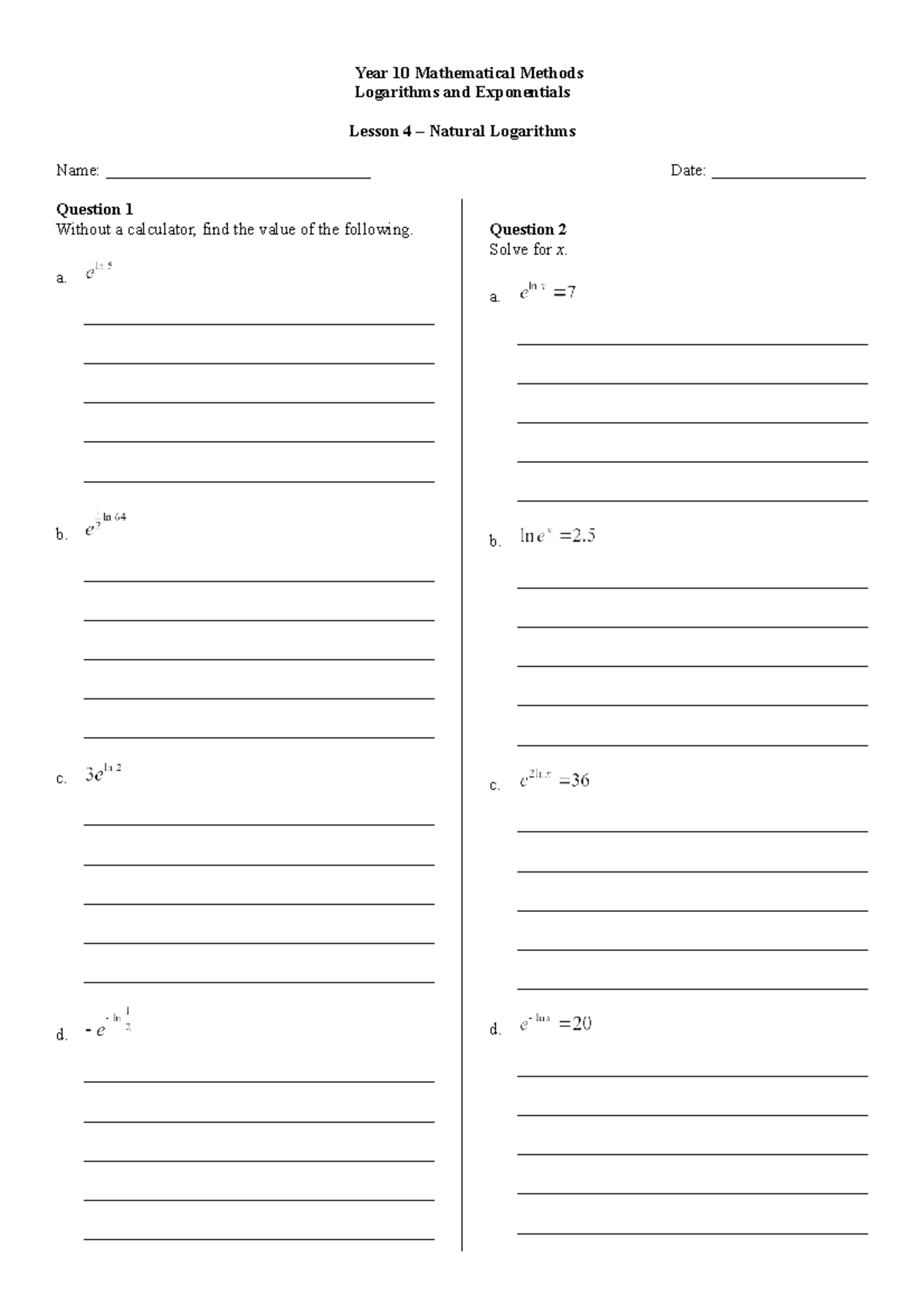 Lesson 4 - Natural Logarithms - Year 10 Mathematical Methods Logarithms ...
