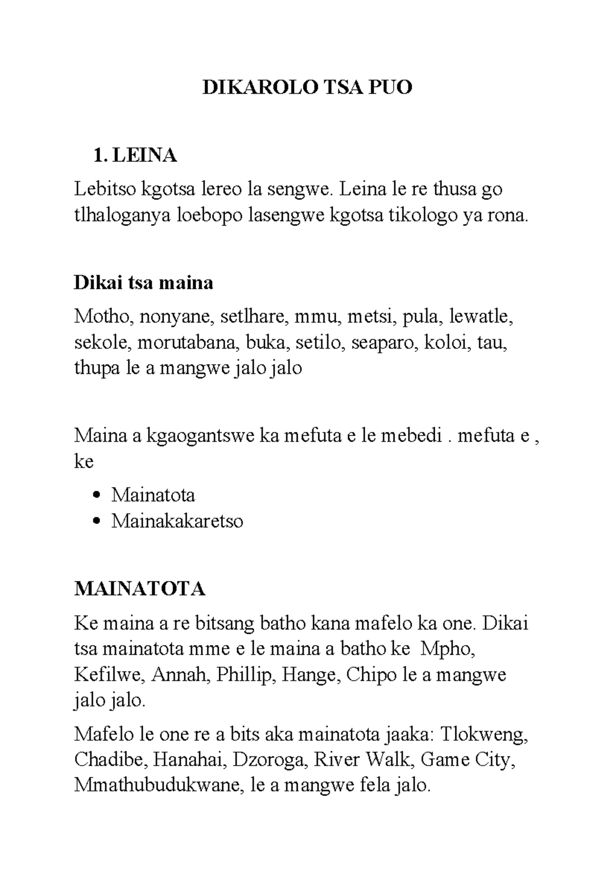Dikarolo tsa Puo: Maina, Leemedi le Mabopi - LIT 101 - Studocu
