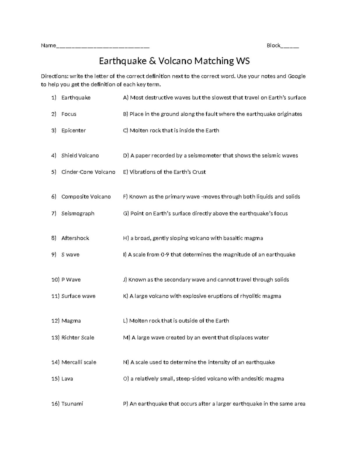Volcano & Earthquake Matching WS: Key Terms Definitions - Studocu