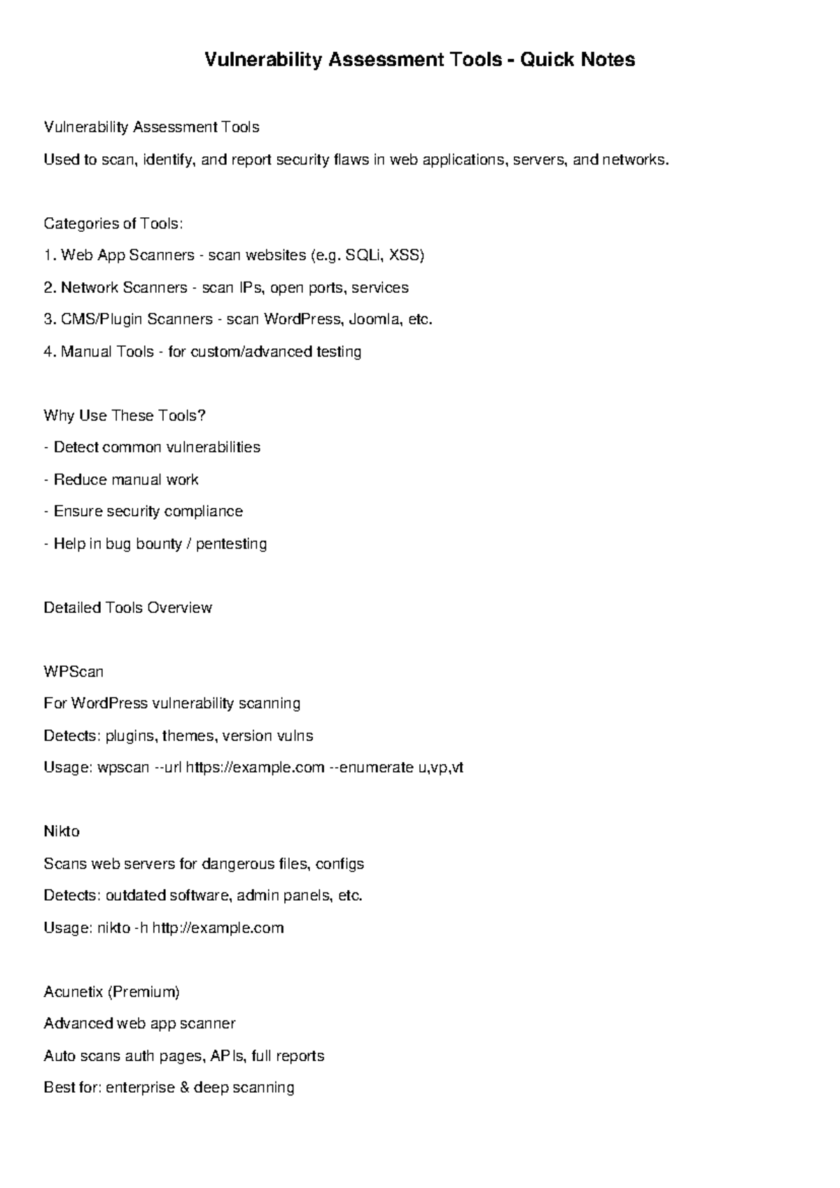 Vulnerability Assessment Tools Notes - Categories of Tools: Web App ...