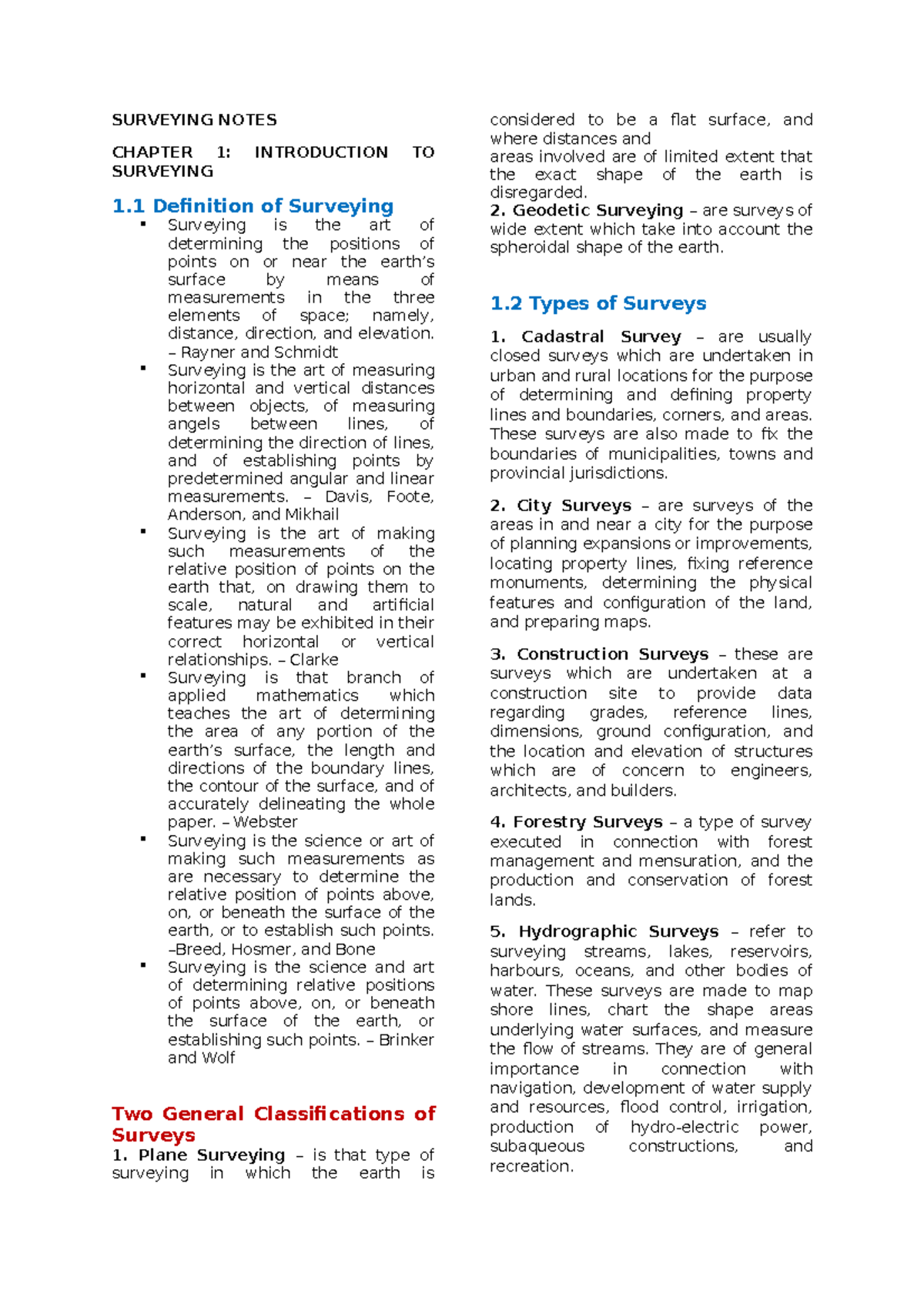 Surveying 101: Introductory Notes on Concepts & Classifications - Studocu