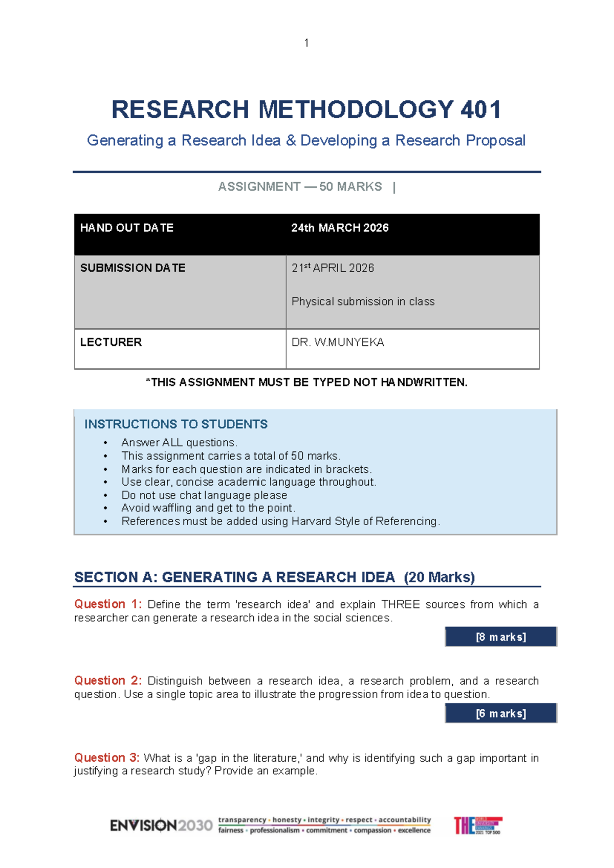 RESEARCH METHODOLOGY 401: Assignment on Research Proposal - Studocu