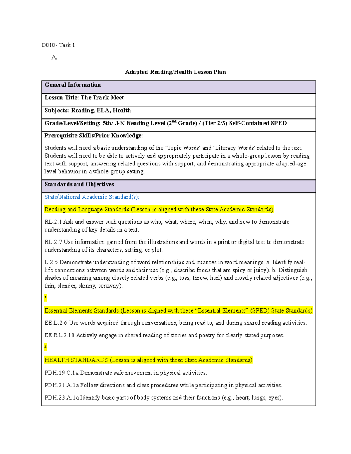 D010 Task 1 Adapted Reading Health Lesson Plan: The Track Meet - Studocu
