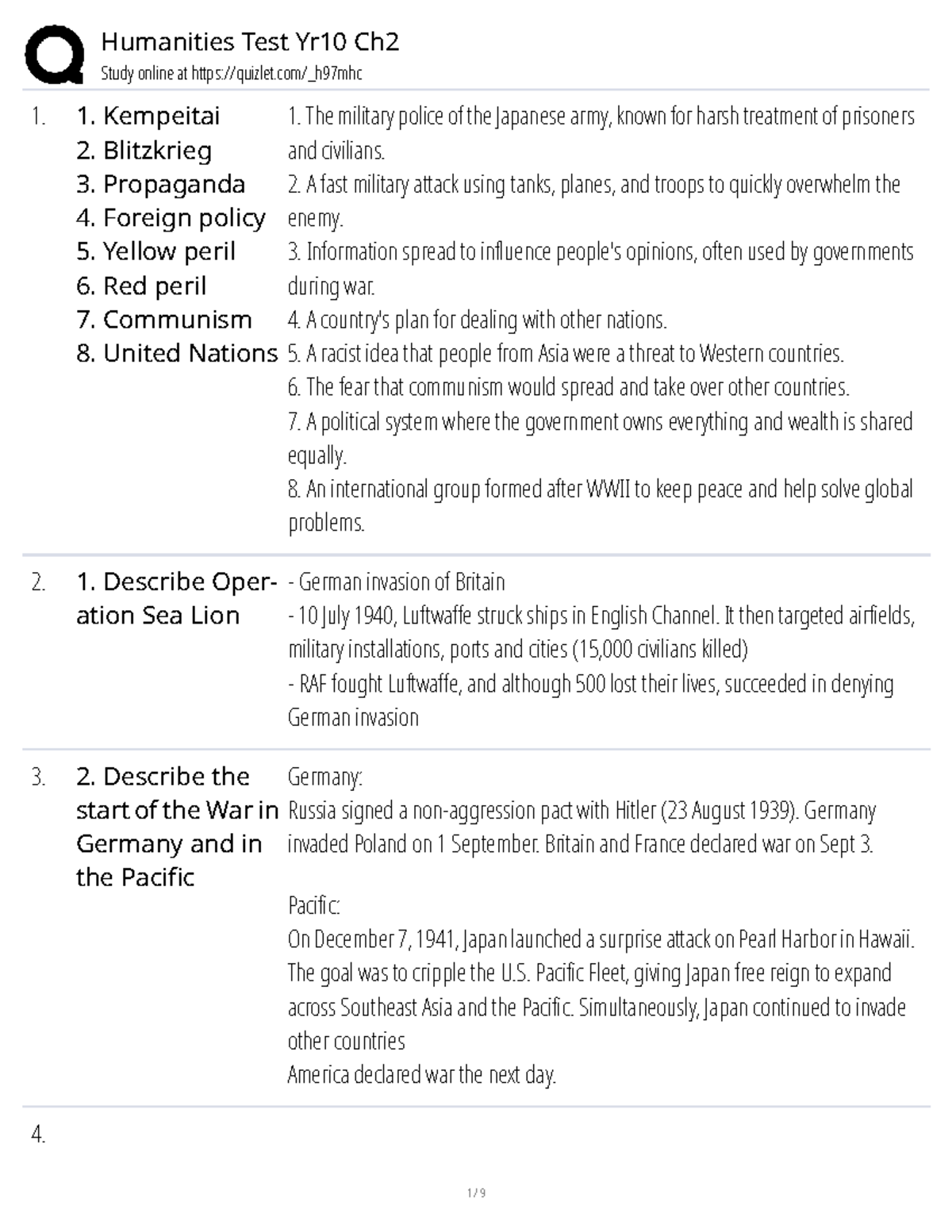Humanities Yr10 Ch2 Study Guide: Key Concepts & Events of WWII - Studocu