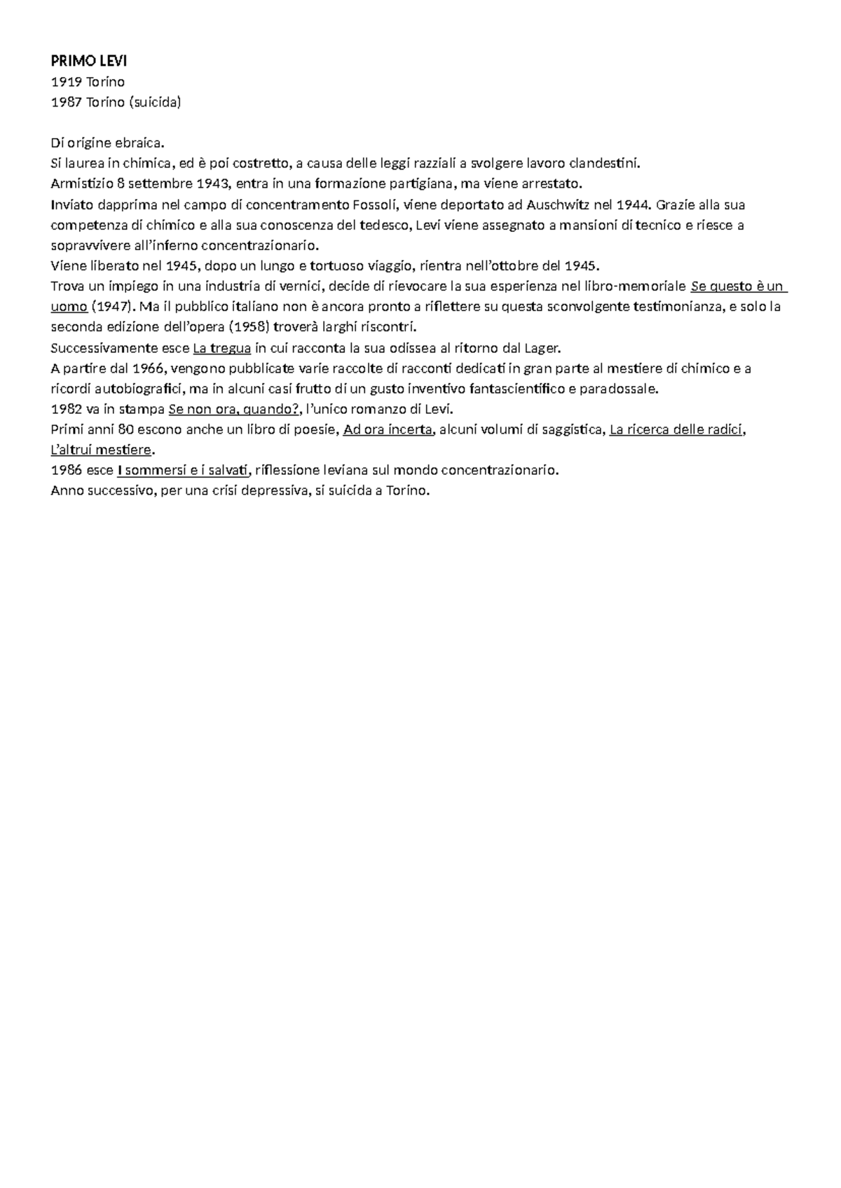 Primo LEVI - Riassunto Letteratura Italiana Contemporanea - PRIMO LEVI ...