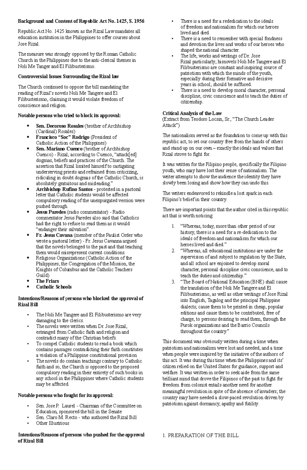 Life and Works of Rizal Law Handout Prelim - Background and Content of ...