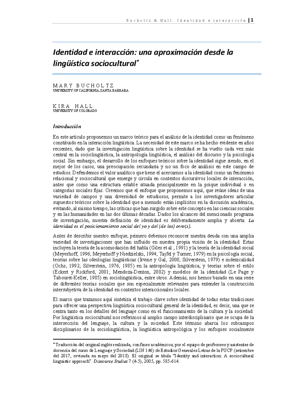 Bucholtz Hall: Identidad e Interacción en la Lingüística Sociocultural ...