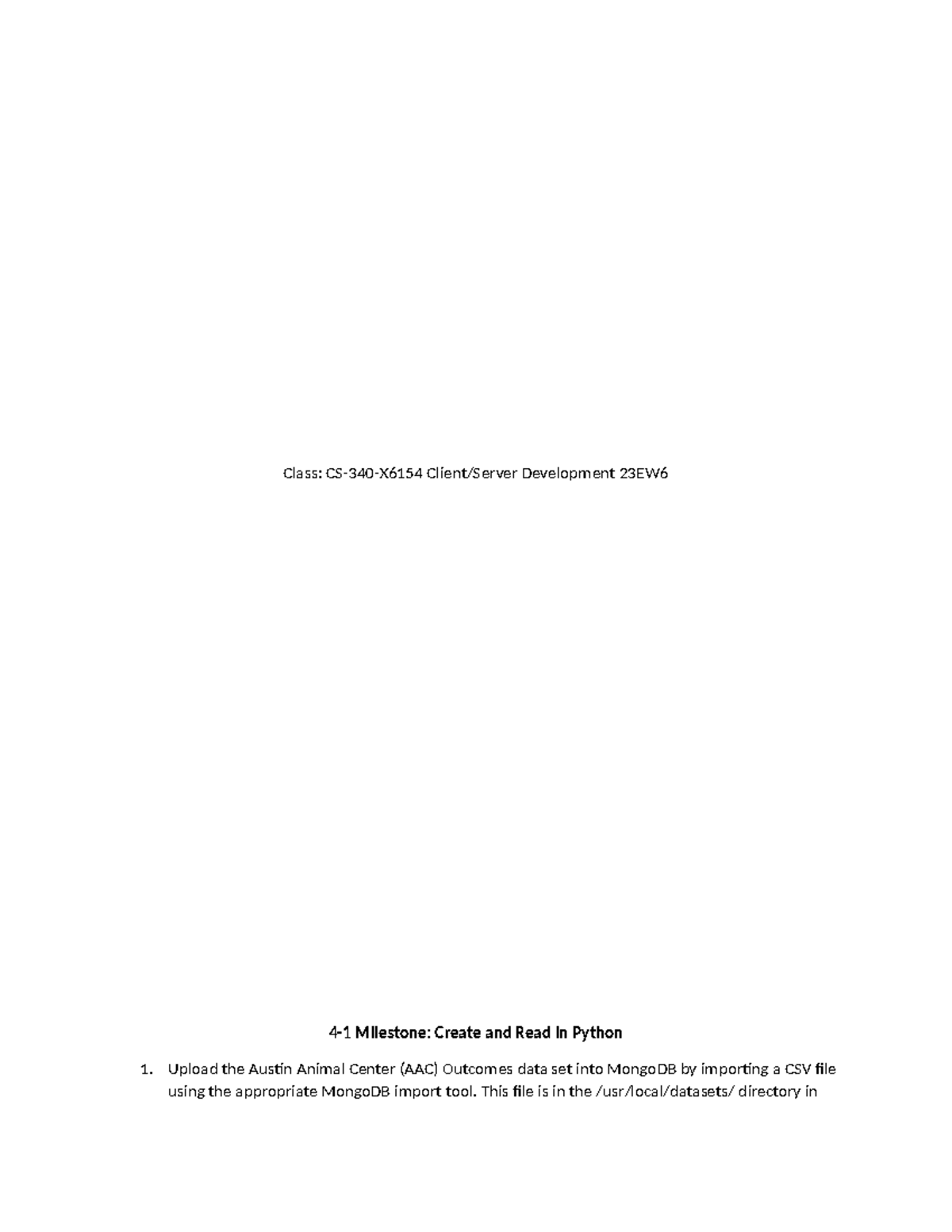 CS-340-X6154 Milestone: Creating & Reading Data in Python W4 - Studocu