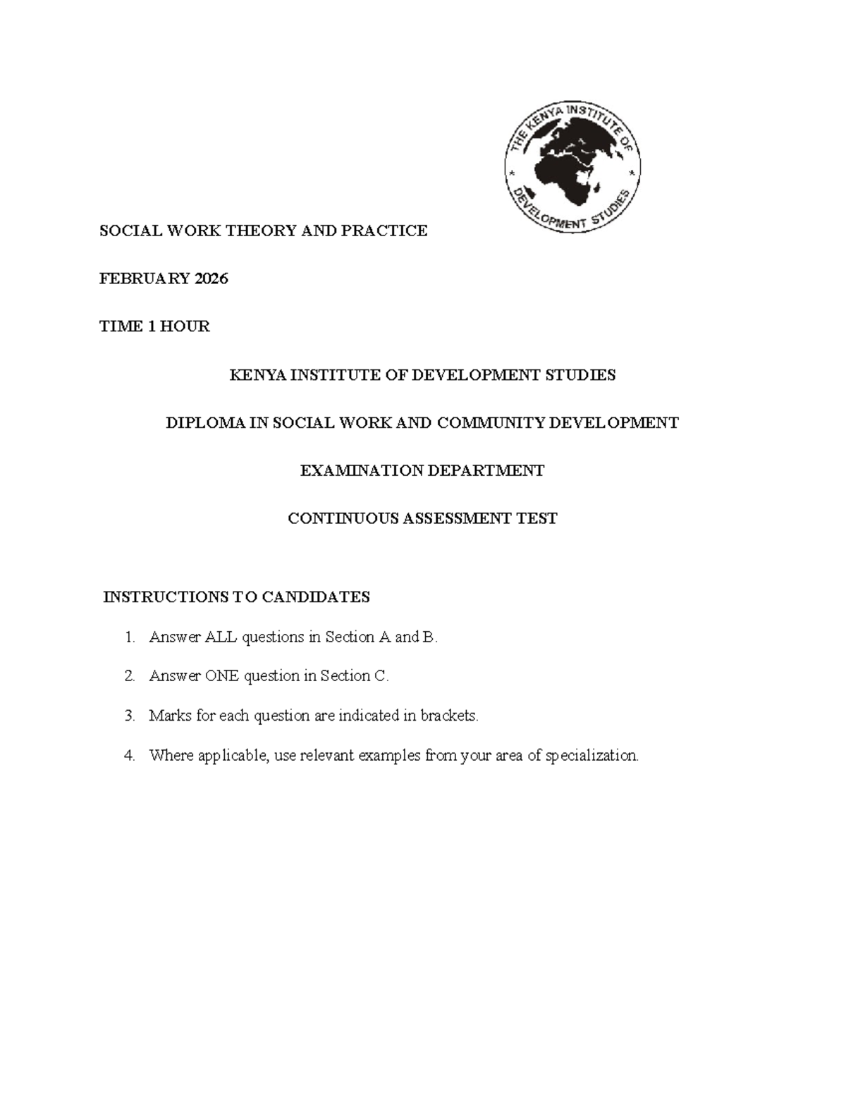 S.W Theory & Practice - Continuous Assessment Test (Diploma) - Studocu