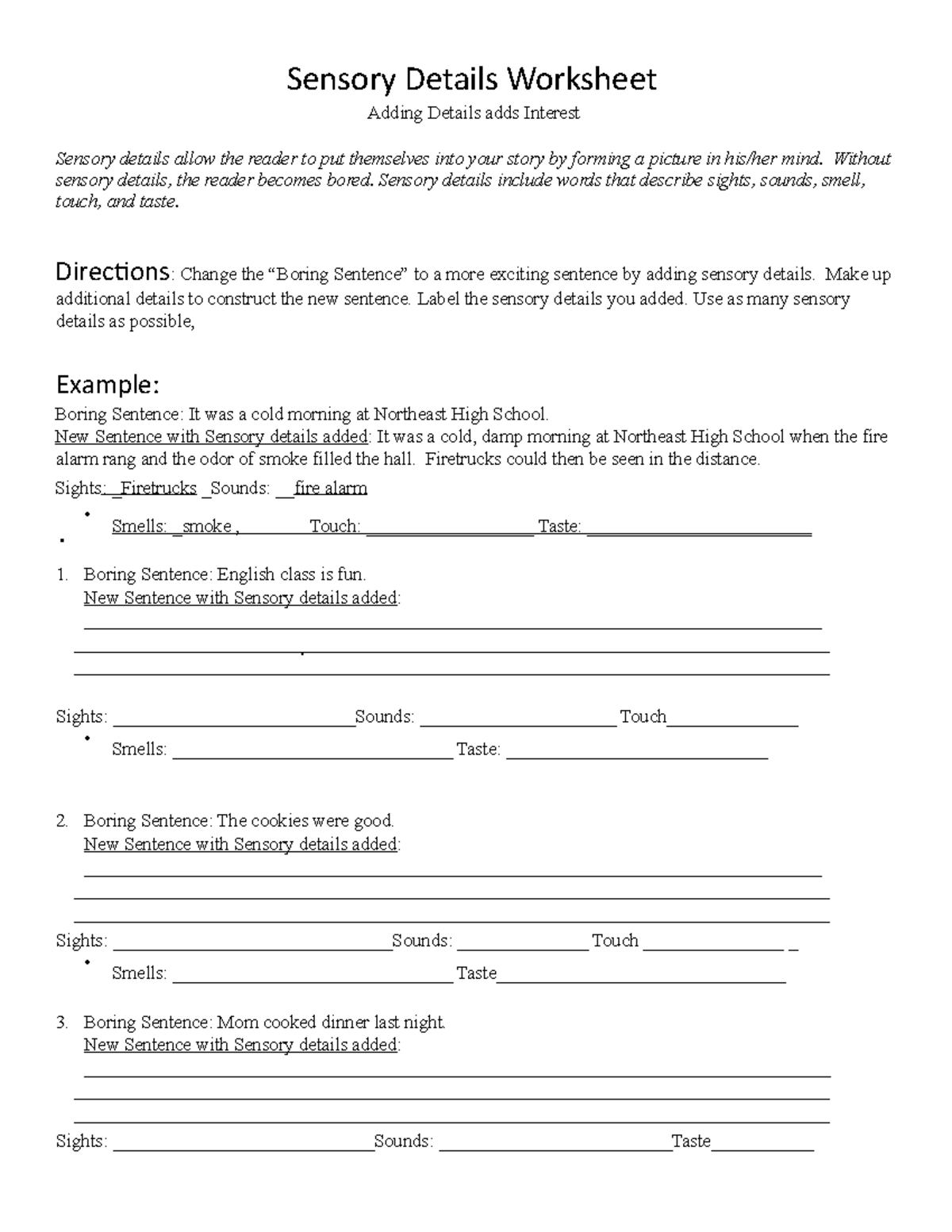 Sensory Details Enhancement Worksheet: Engaging Writing Exercise - Studocu