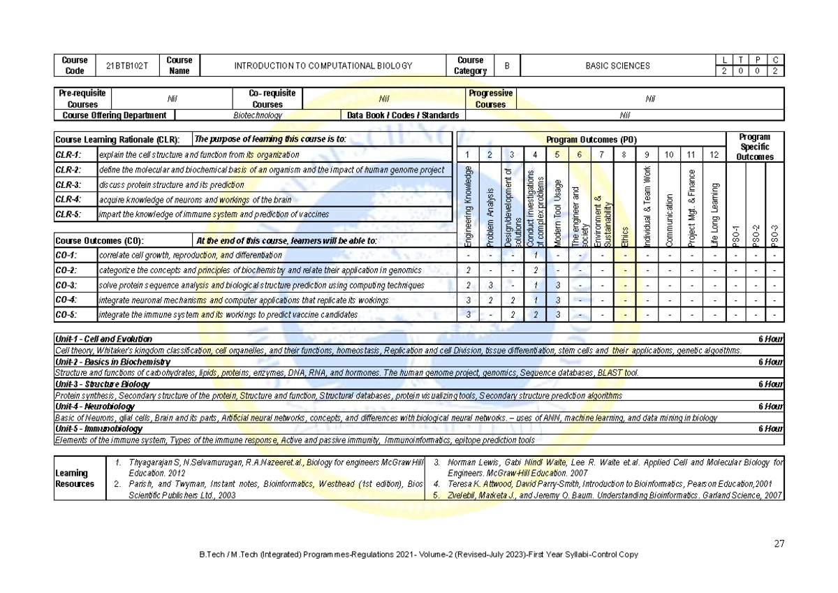 Introduction to Computational Biology - B.Tech/M.Tech 21BTB102T Syllabus - Studocu