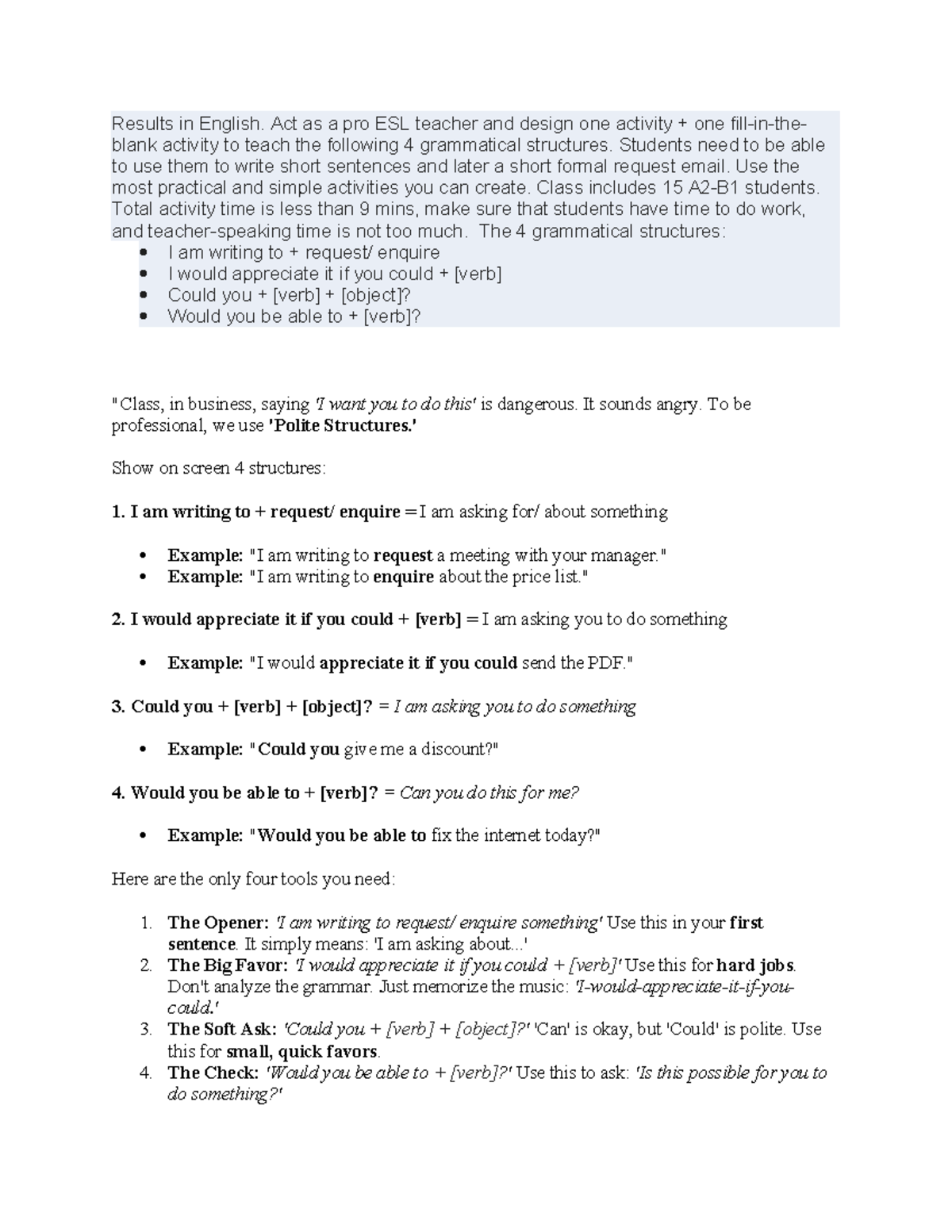 Teaching 4 Key Grammar Structures for ESL: Activity Guide - Studocu