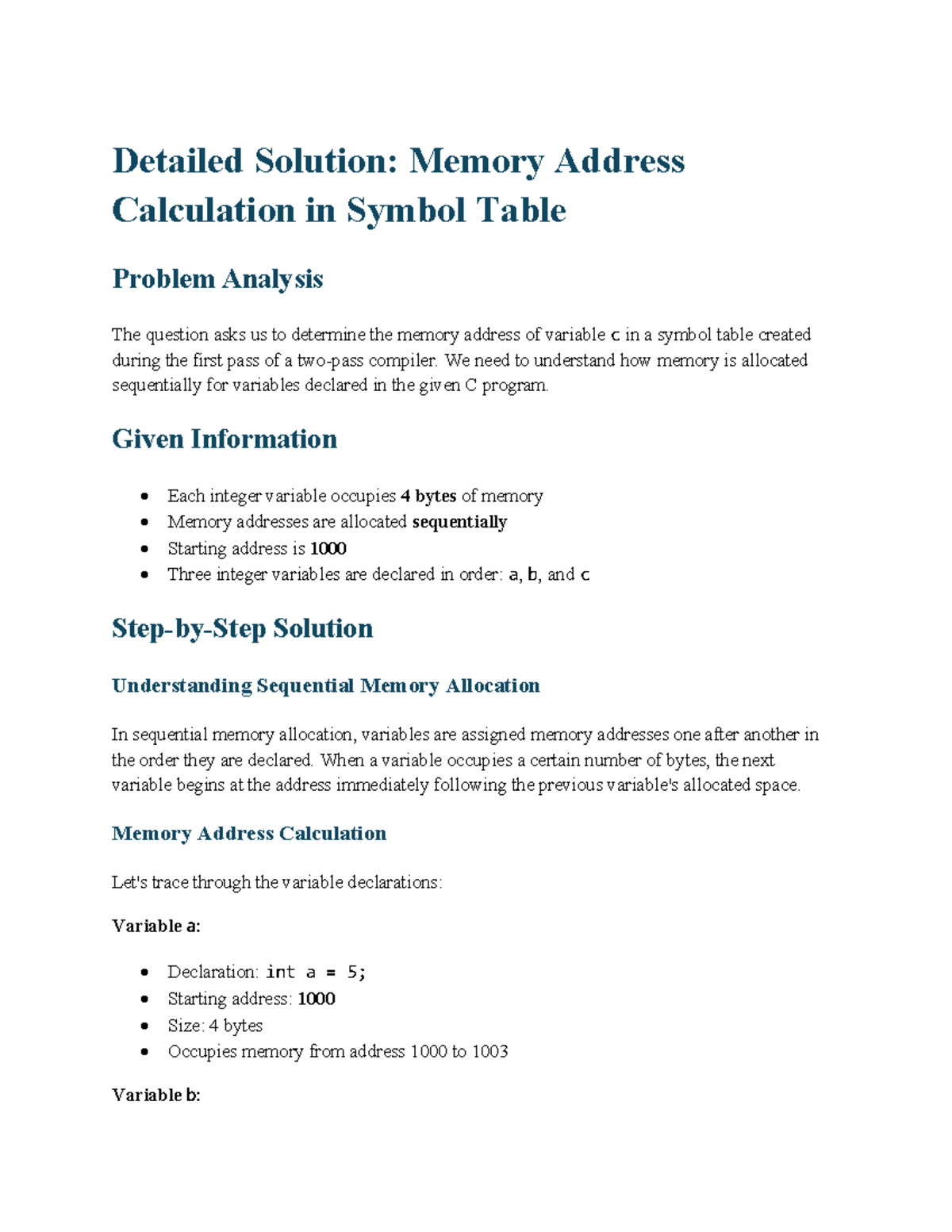 Memory Address Calculation in Symbol Table: Detailed Solution for C ...