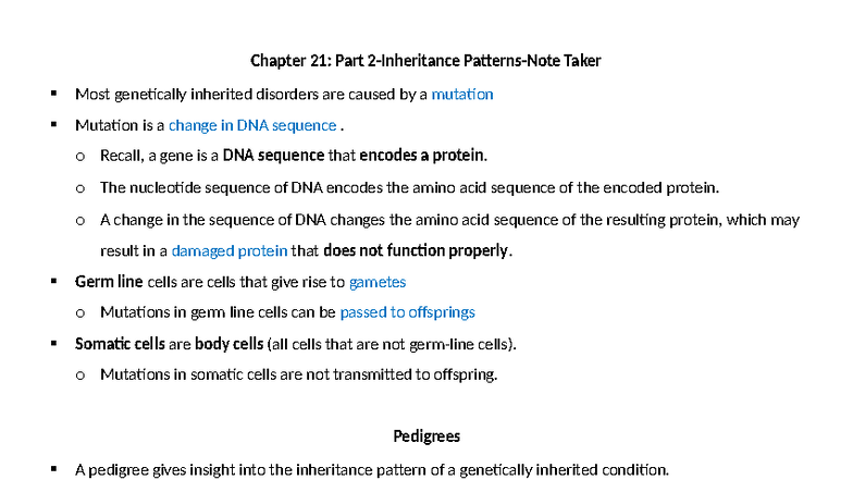 Genetic Inheritance Patterns: Chapter 21 Notes & Pedigree Analysis ...