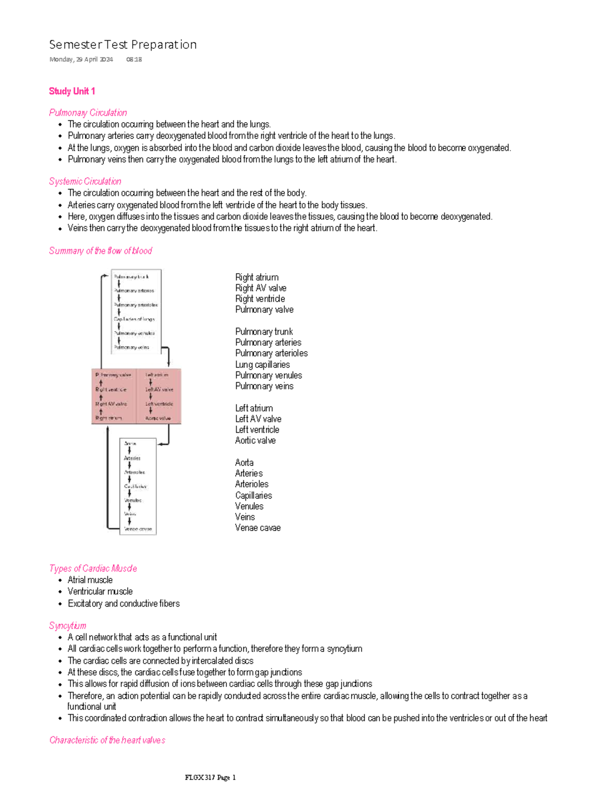 Cardiovascular Physiology - Semester Test Prep Summary (Unit 1) - Studocu