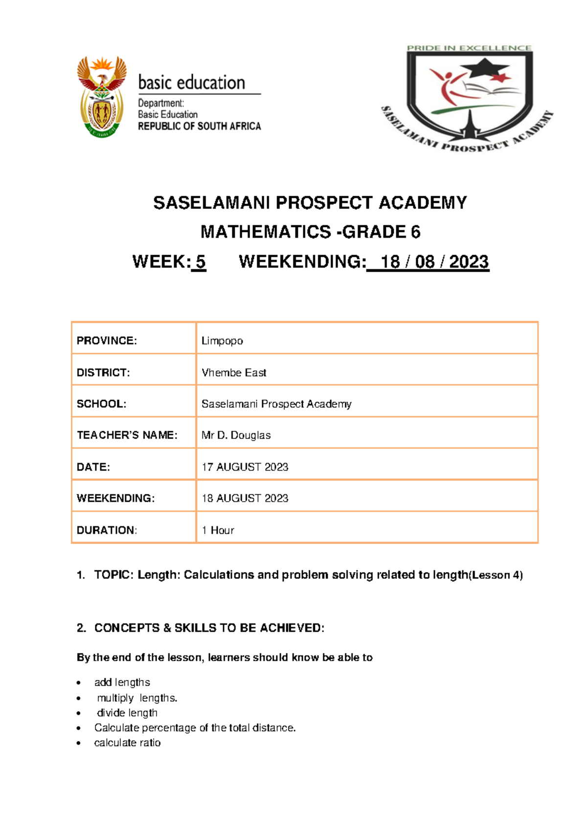 Grade 6 Mathematics Length Calculations - Term 3 Lesson 4 - Studocu
